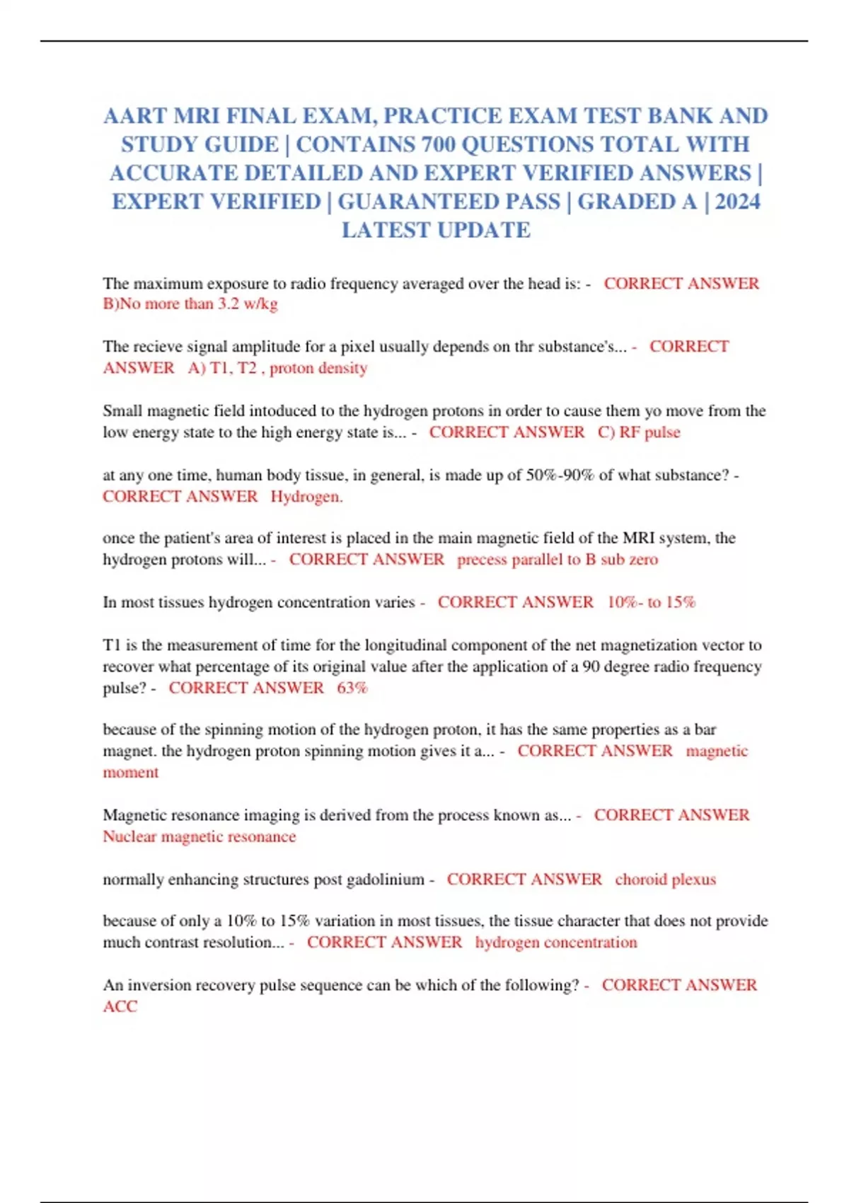 AART MRI FINAL EXAM, PRACTICE EXAM TEST BANK AND STUDY GUIDE | CONTAINS ...