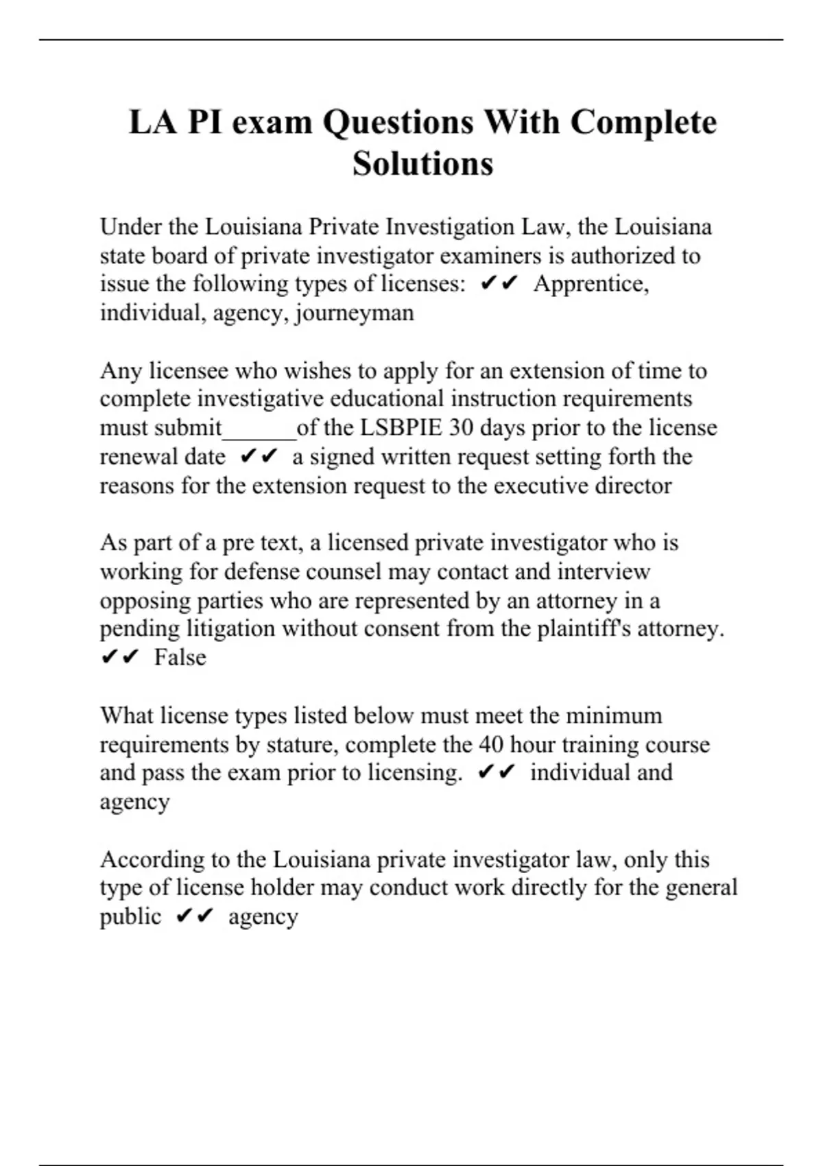 LA PI exam Questions With Complete Solutions. - LSBPIE - Stuvia US