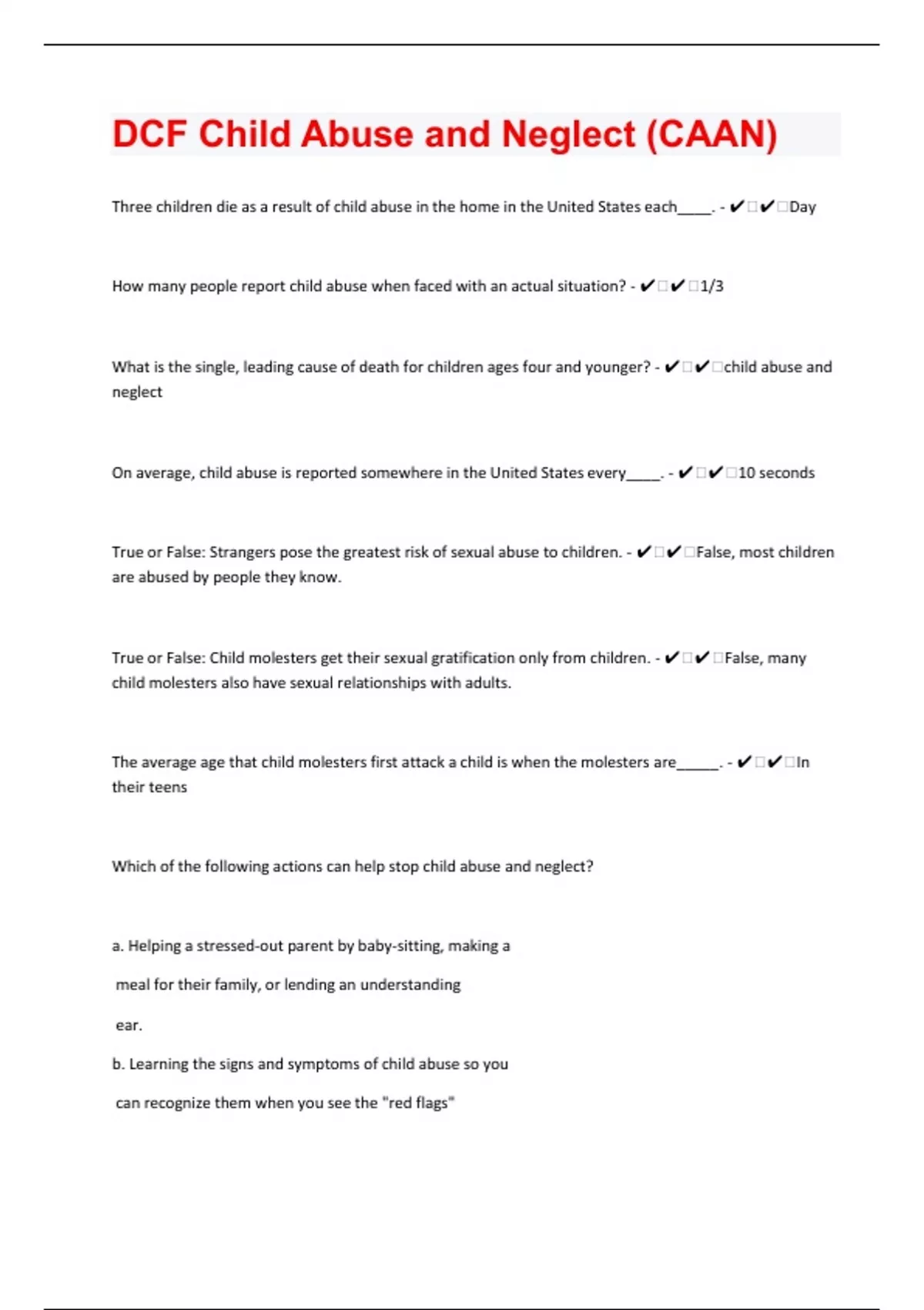 DCF Child Abuse and Neglect (CAAN) 73 PRACTICE QUESTIONS AND ANSWERS ...