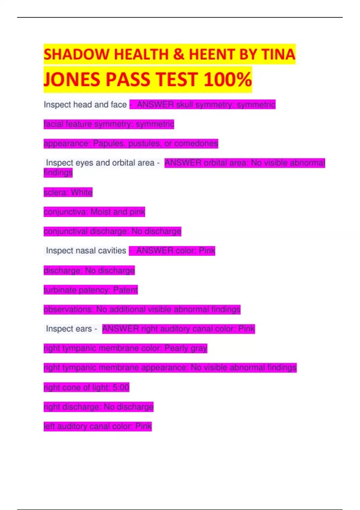 SHADOW HEALTH & HEENT BY TINA JONES PASS TEST 100% - SHADOW HEALTH ...