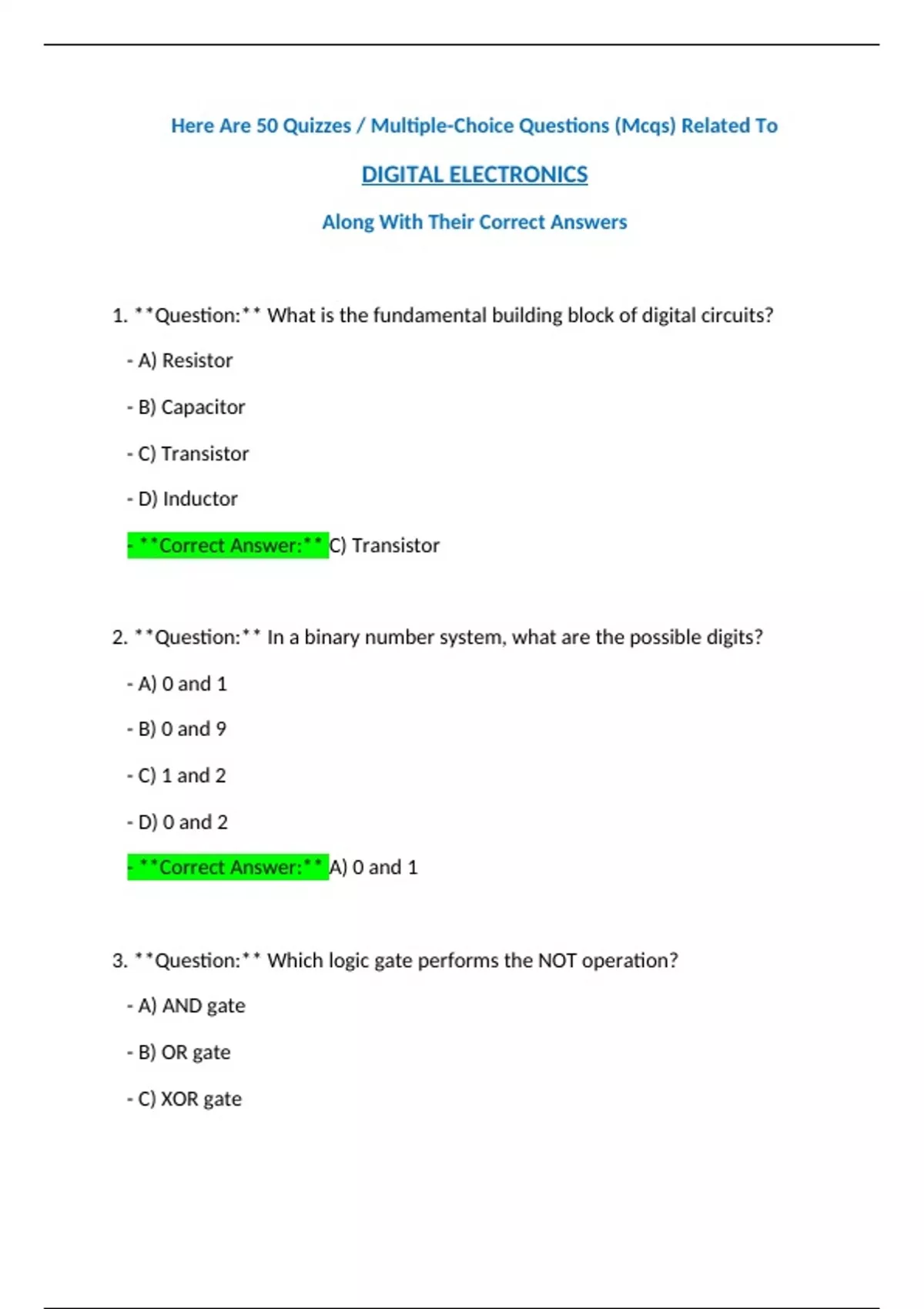 Digital logic and design MCQS - DIGITAL ELECTRONICS - Stuvia US