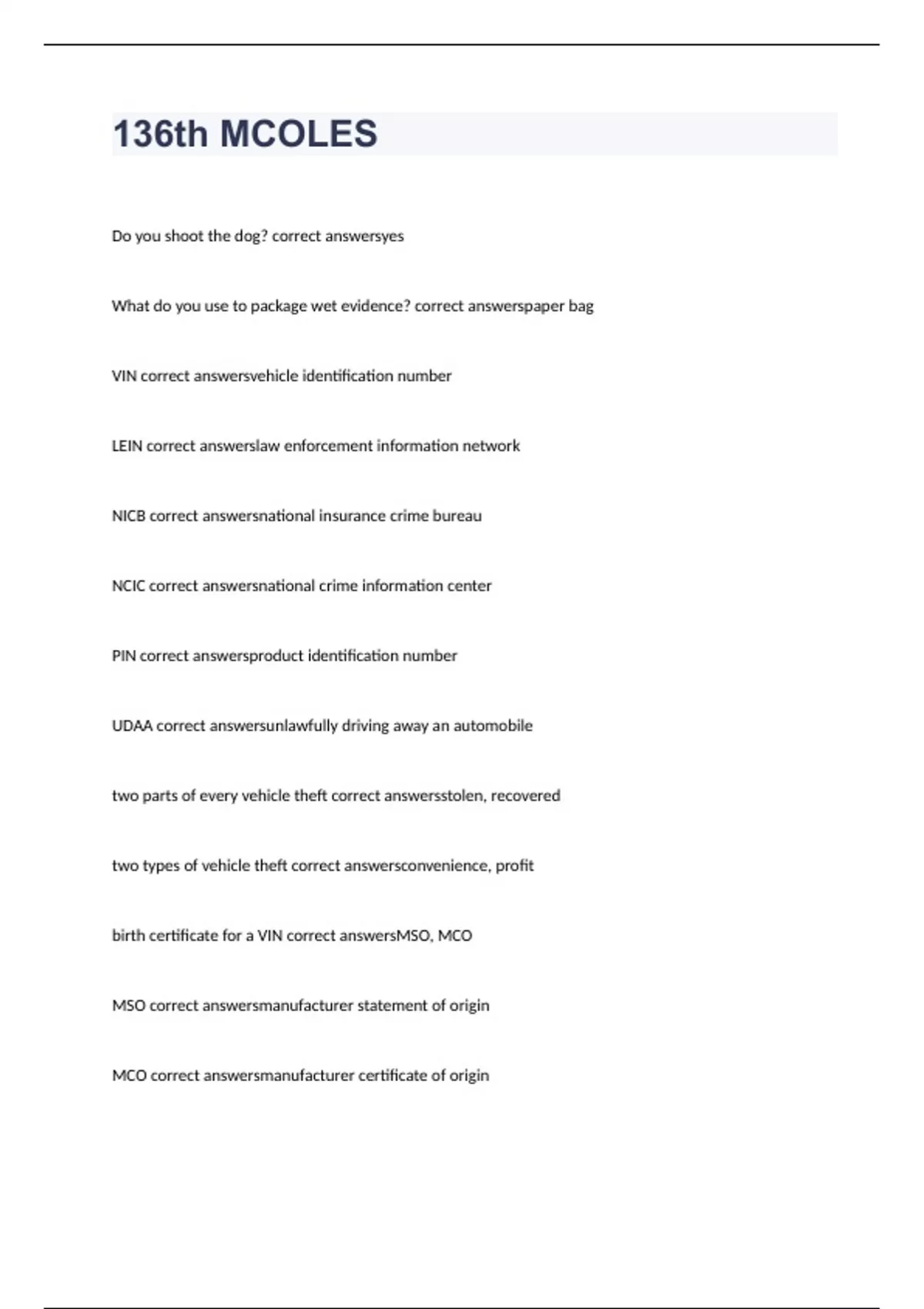 136th MCOLES EXAM 2024 WITH 100% CORRECT ANSWERS - 136th MCOLES - Stuvia US