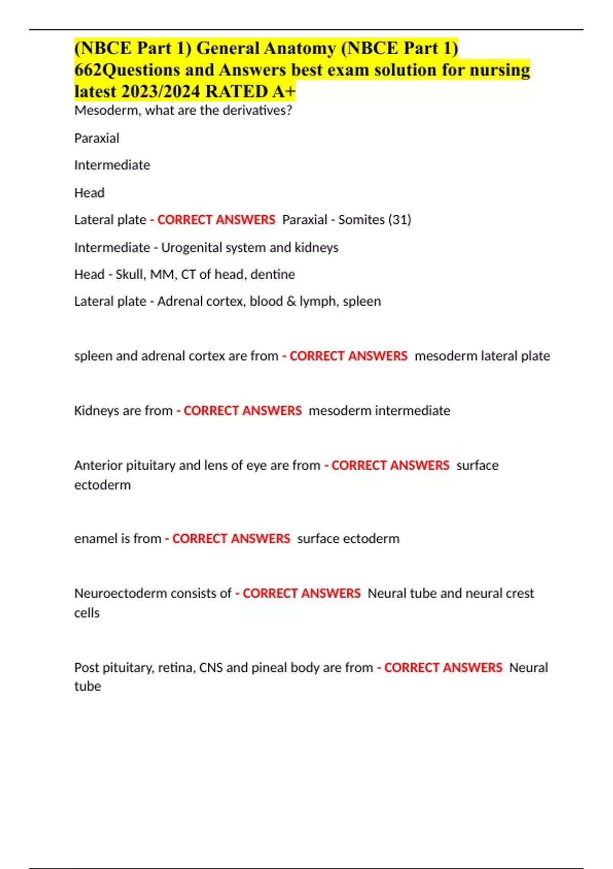 (NBCE Part 1) General Anatomy (NBCE Part 1) 662Questions and Answers best exam solution for ...