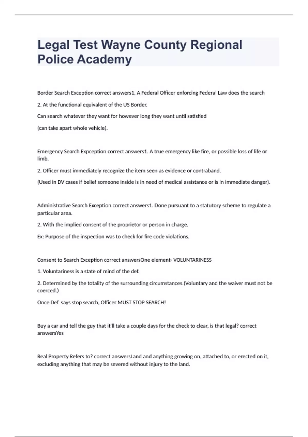 Legal Test Wayne County Regional Police Academy exam with 100% correct ...