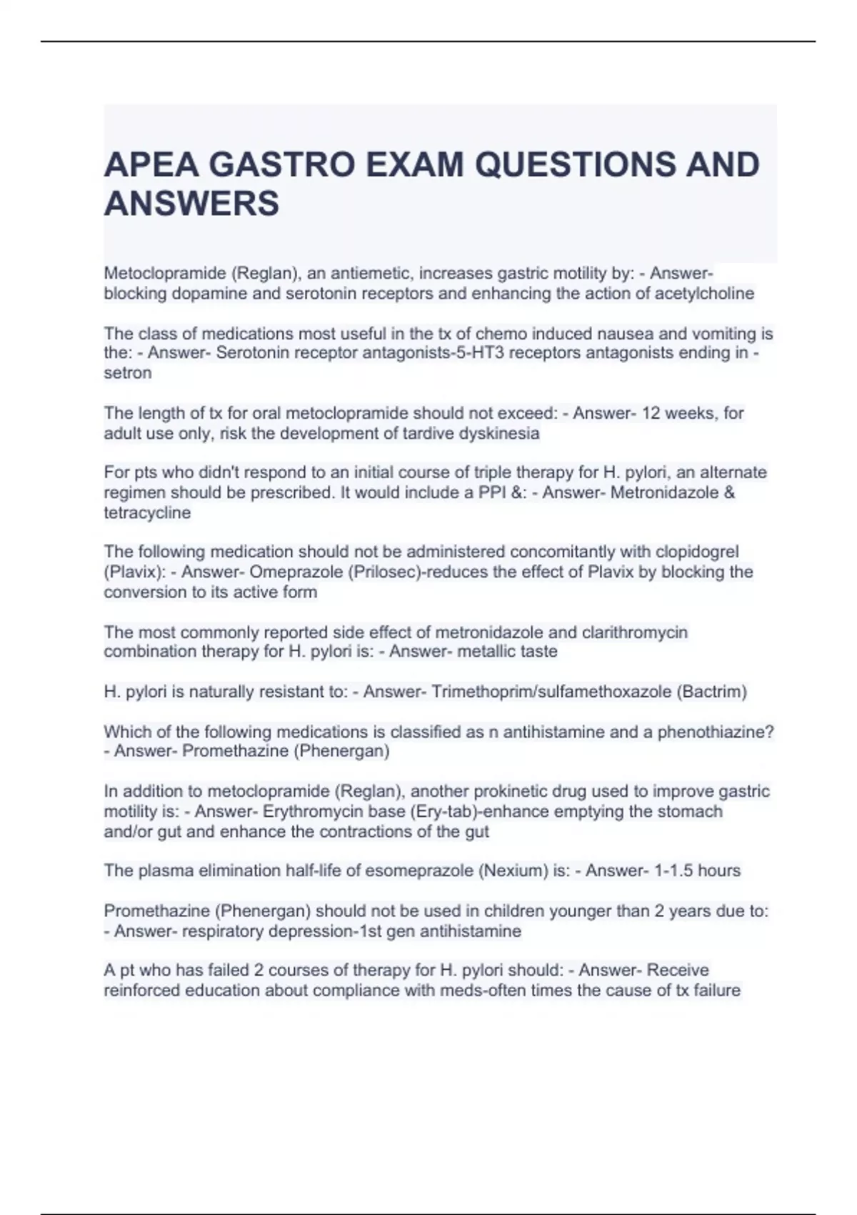 APEA GASTRO EXAM QUESTIONS AND ANSWERS - Gastrointestinal APEA - Stuvia US