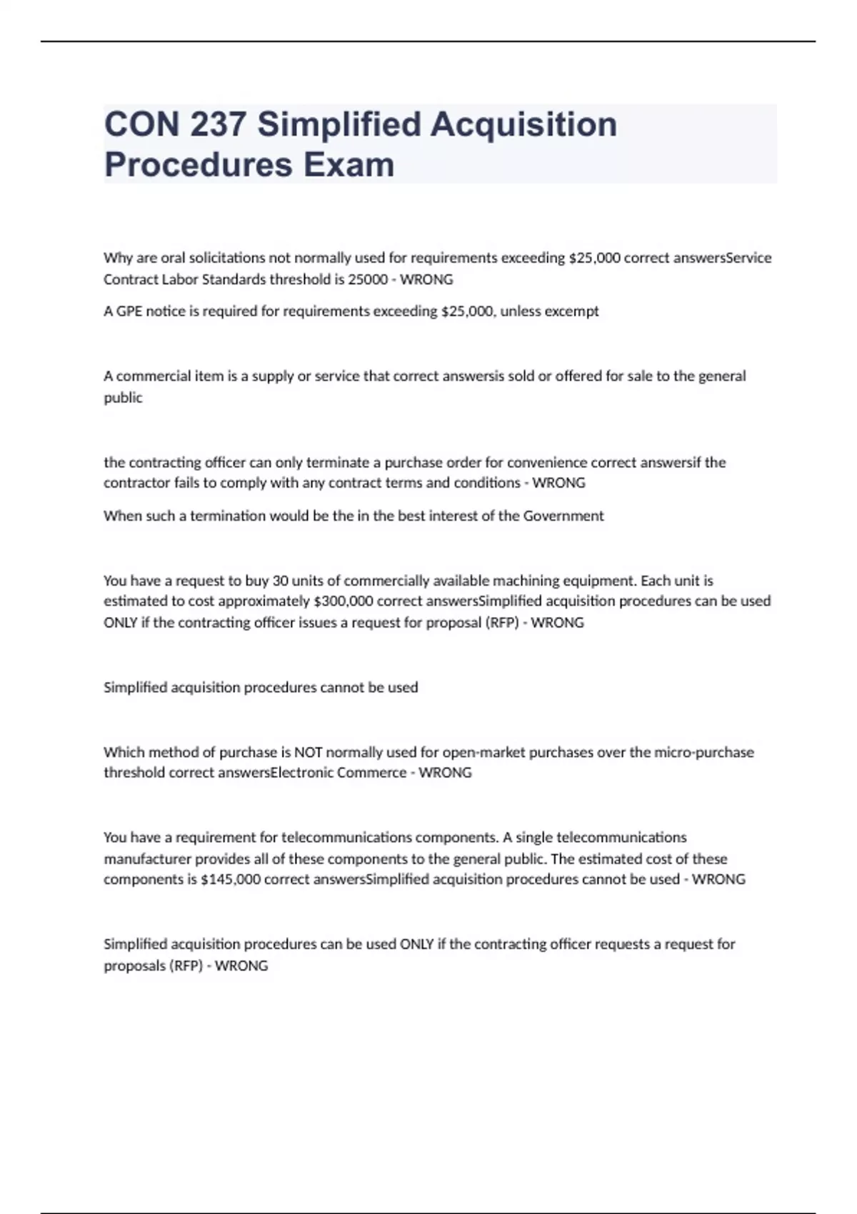 CON 237 Simplified Acquisition Procedures Exam 2024 with complete ...