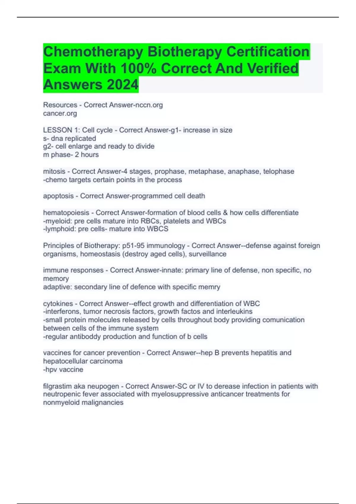 Chemotherapy Biotherapy Certification Exam With 100% Correct And ...