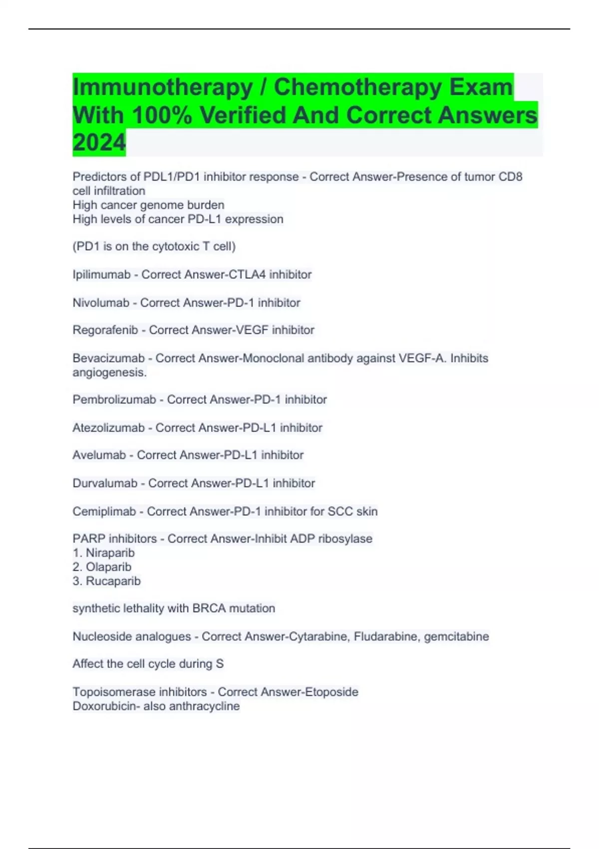 Immunotherapy / Chemotherapy Exam With 100% Verified And Correct ...