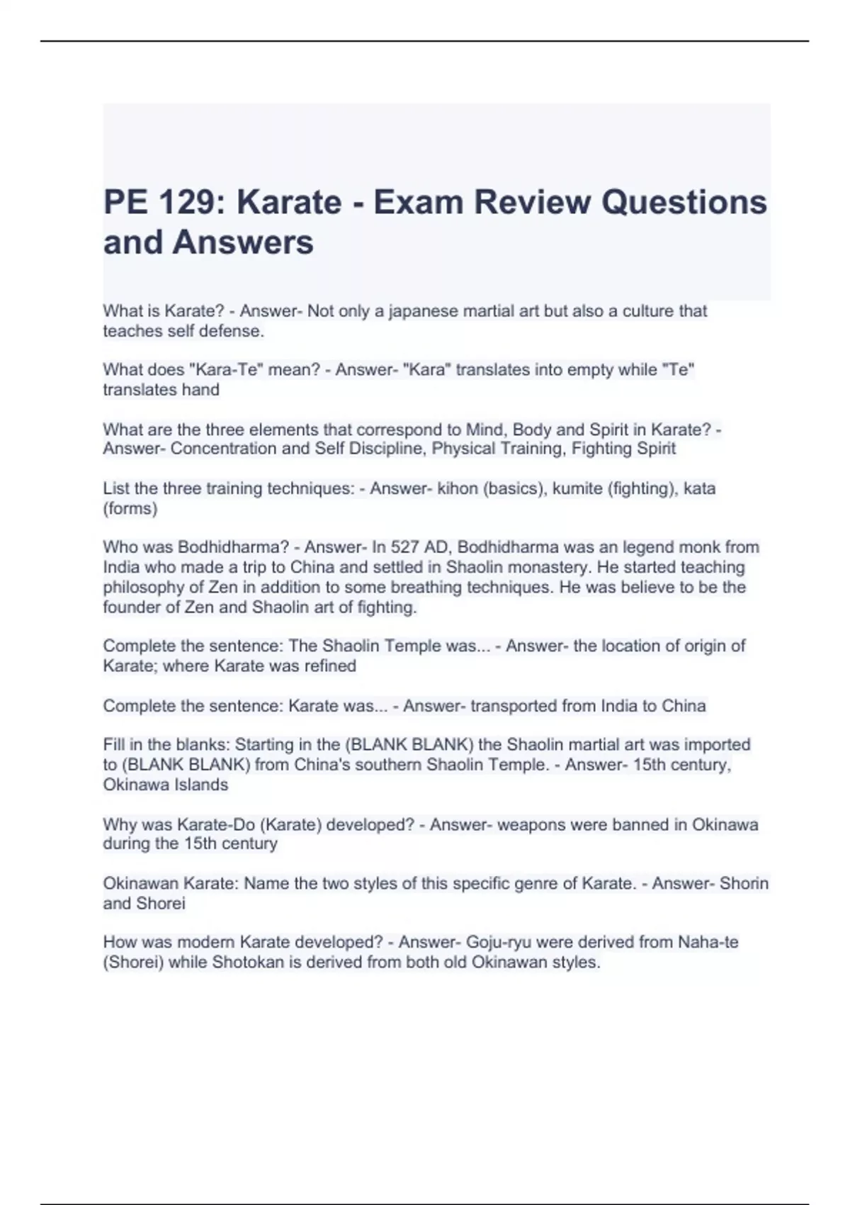 PE 129 Karate - Exam Review Questions and Answers - Karate - Stuvia US
