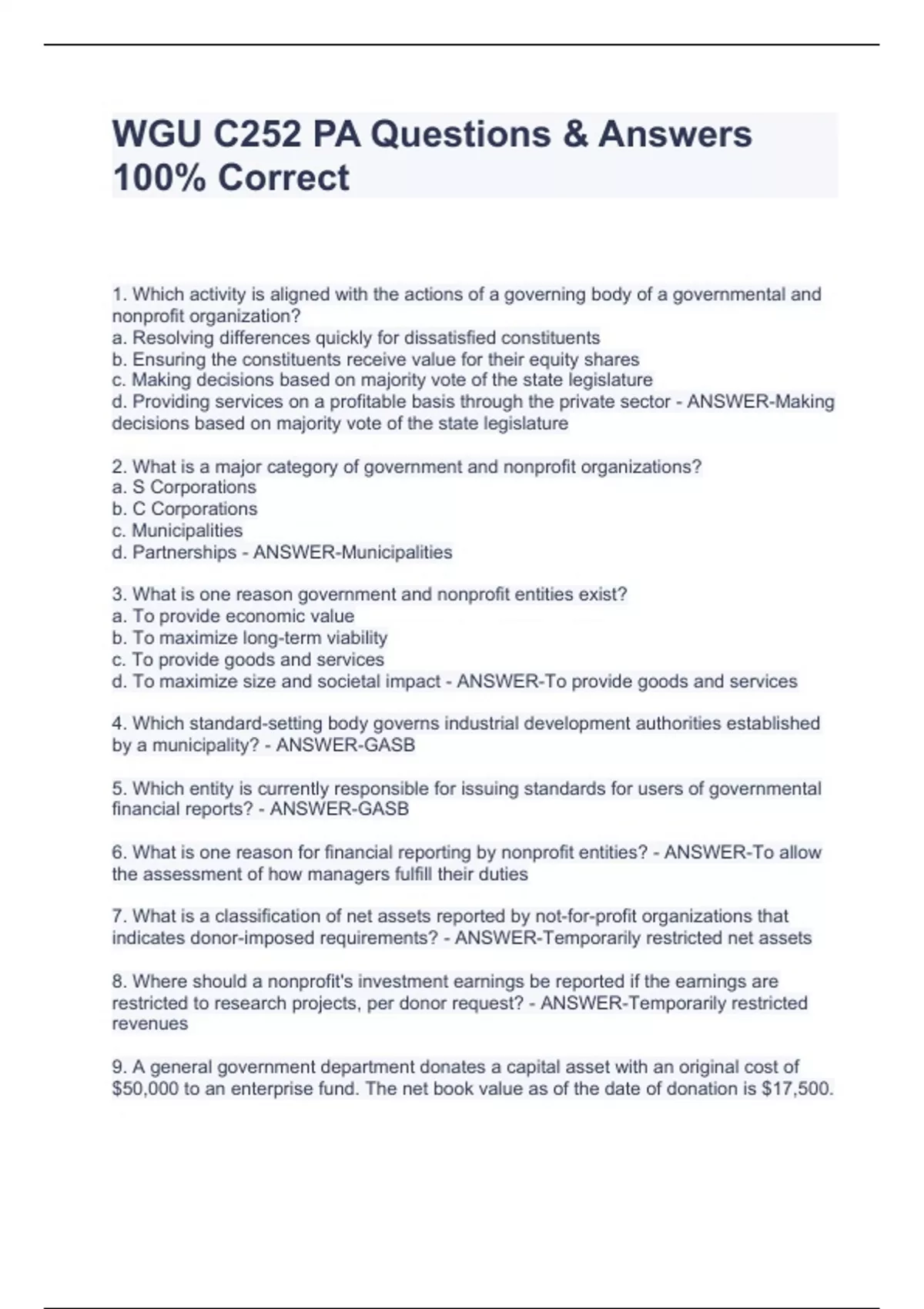 WGU C252 PA Questions & Answers 100% Correct - WGU C252 PA - Stuvia US