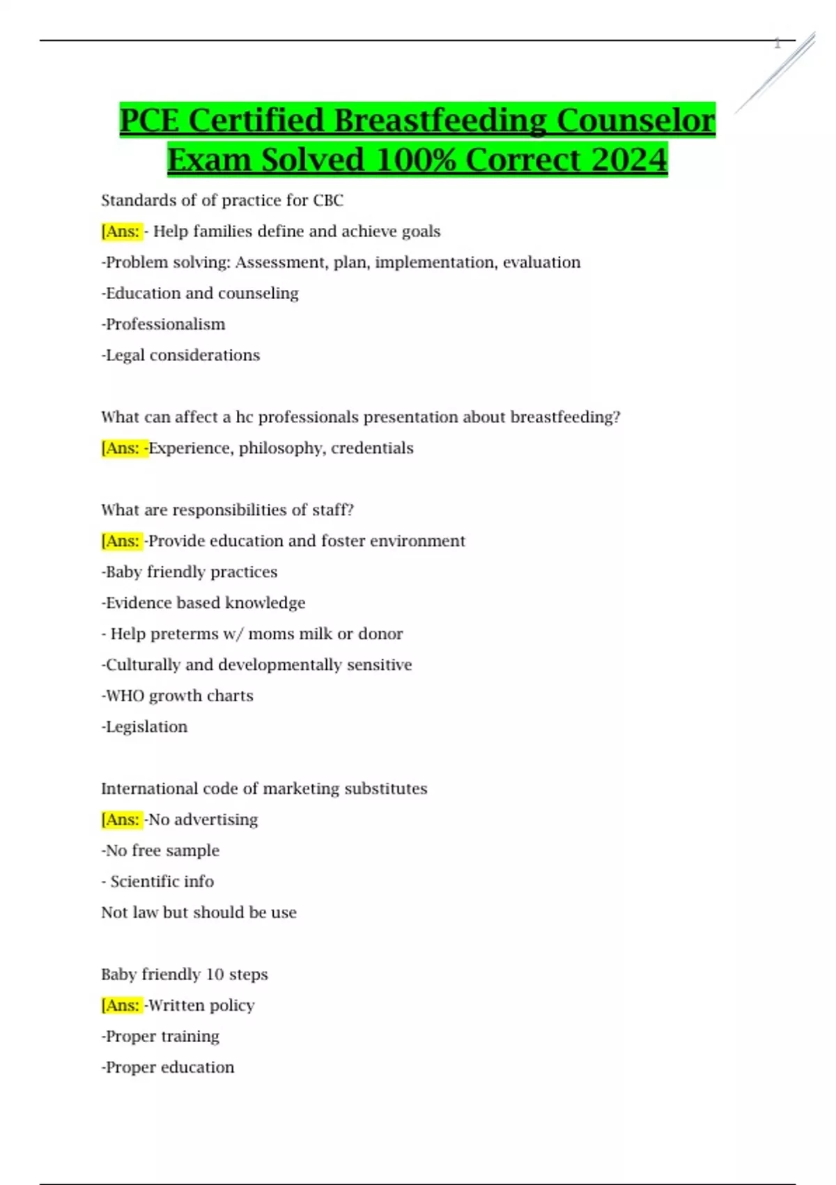 PCE Certified Breastfeeding Counselor Exam Solved 100% Correct 2024 - PCE Certified ...