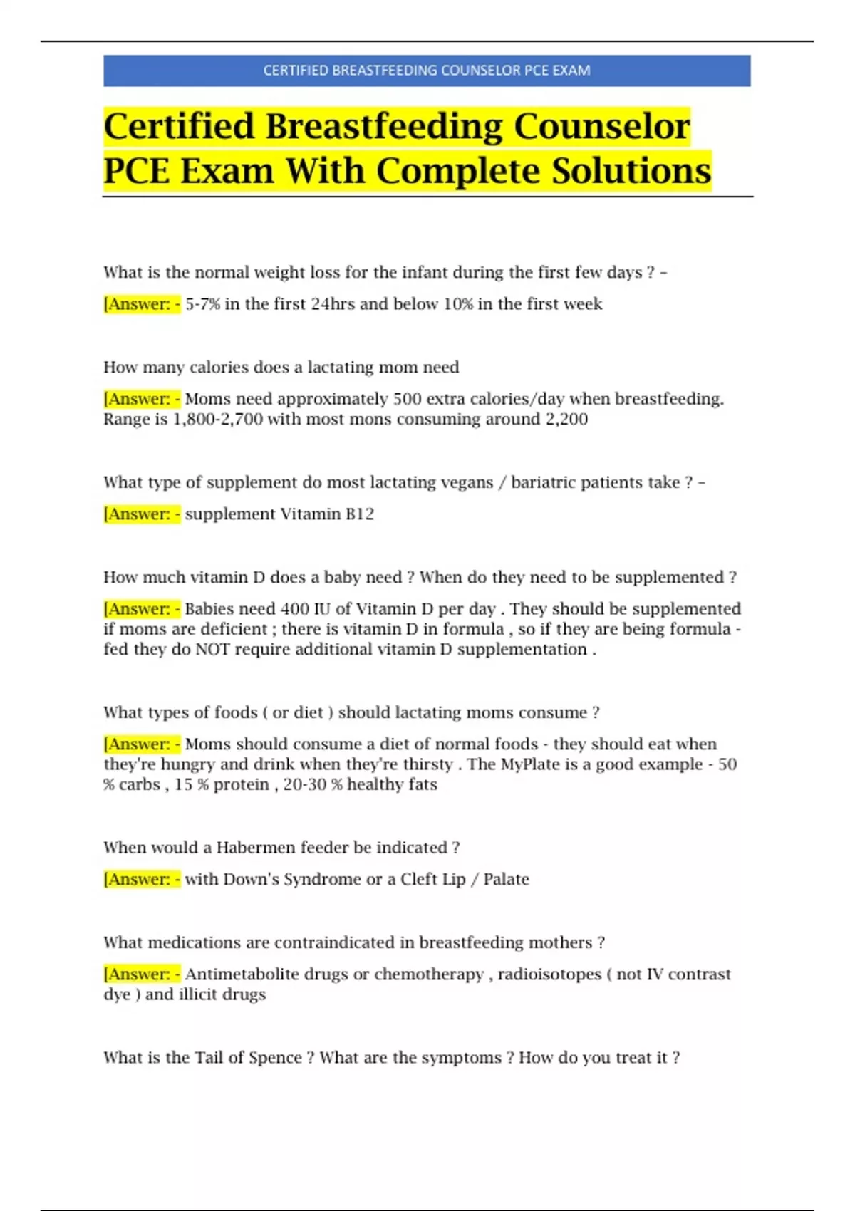Certified Breastfeeding Counselor PCE Exam With Complete Solutions - Certified Breastfeeding ...