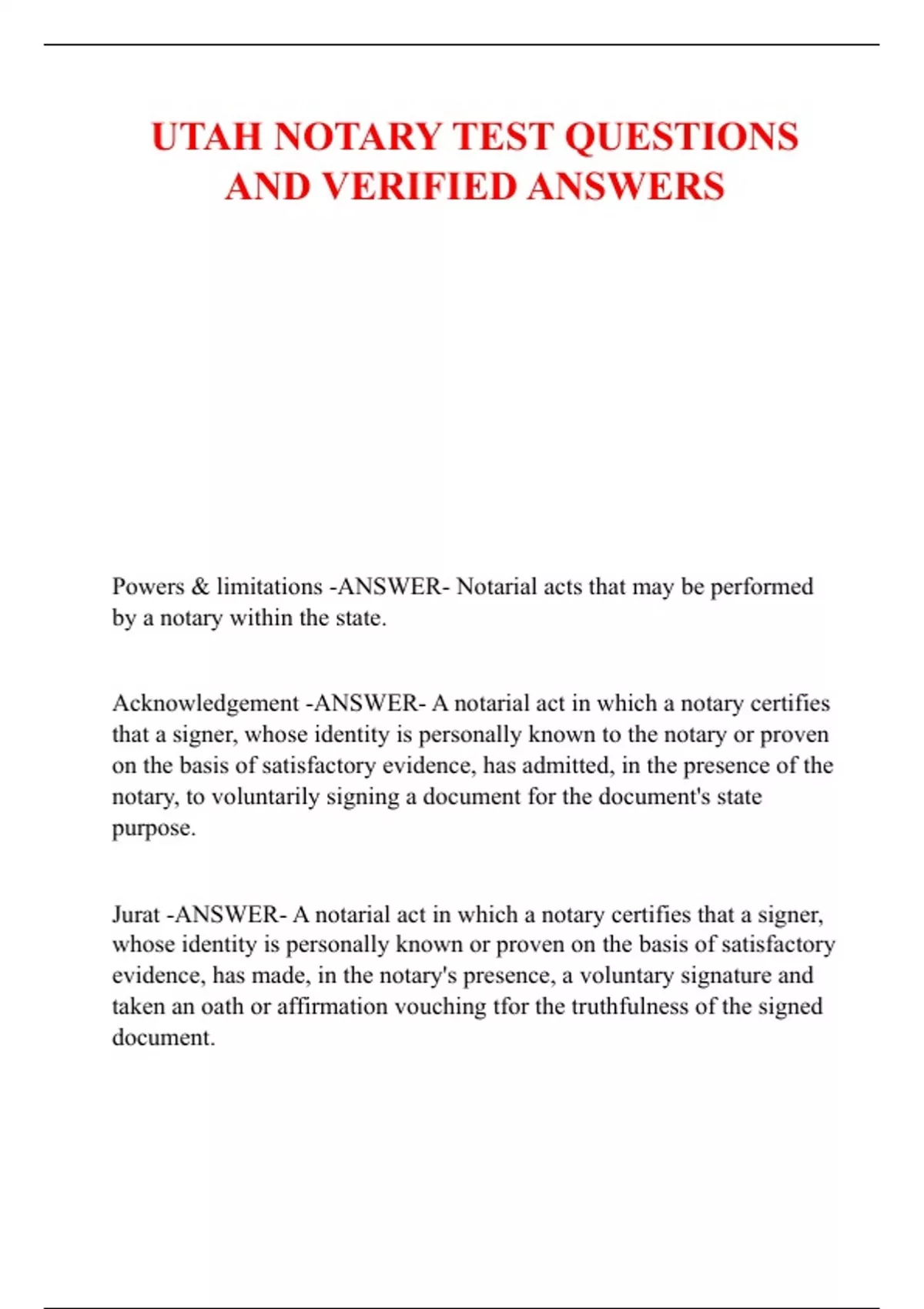 UTAH NOTARY TEST QUESTIONS AND VERIFIED ANSWERS - UTAH NOTARY - Stuvia US