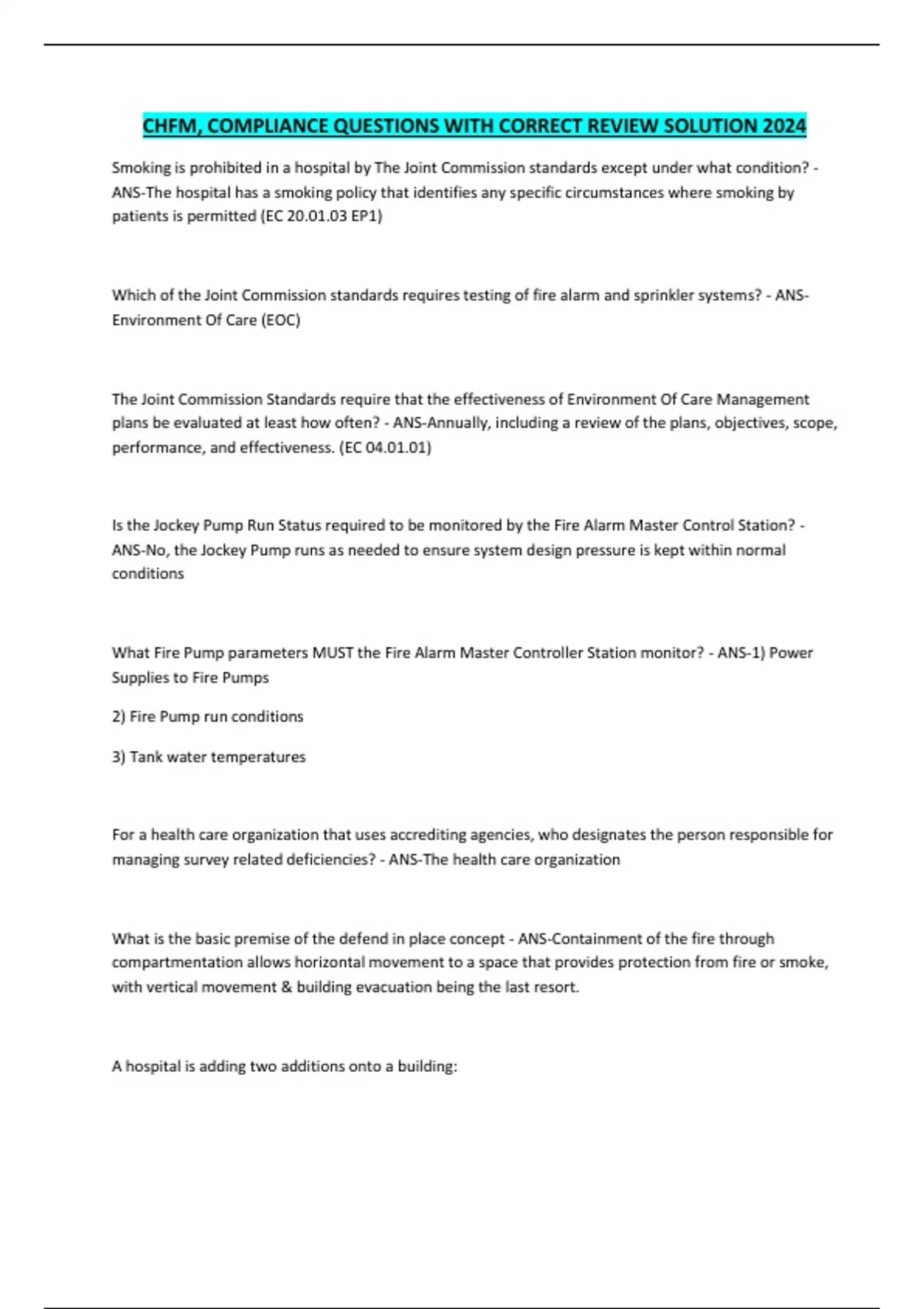 CHFM, COMPLIANCE QUESTIONS WITH CORRECT REVIEW SOLUTION 2024 - CHFM ...