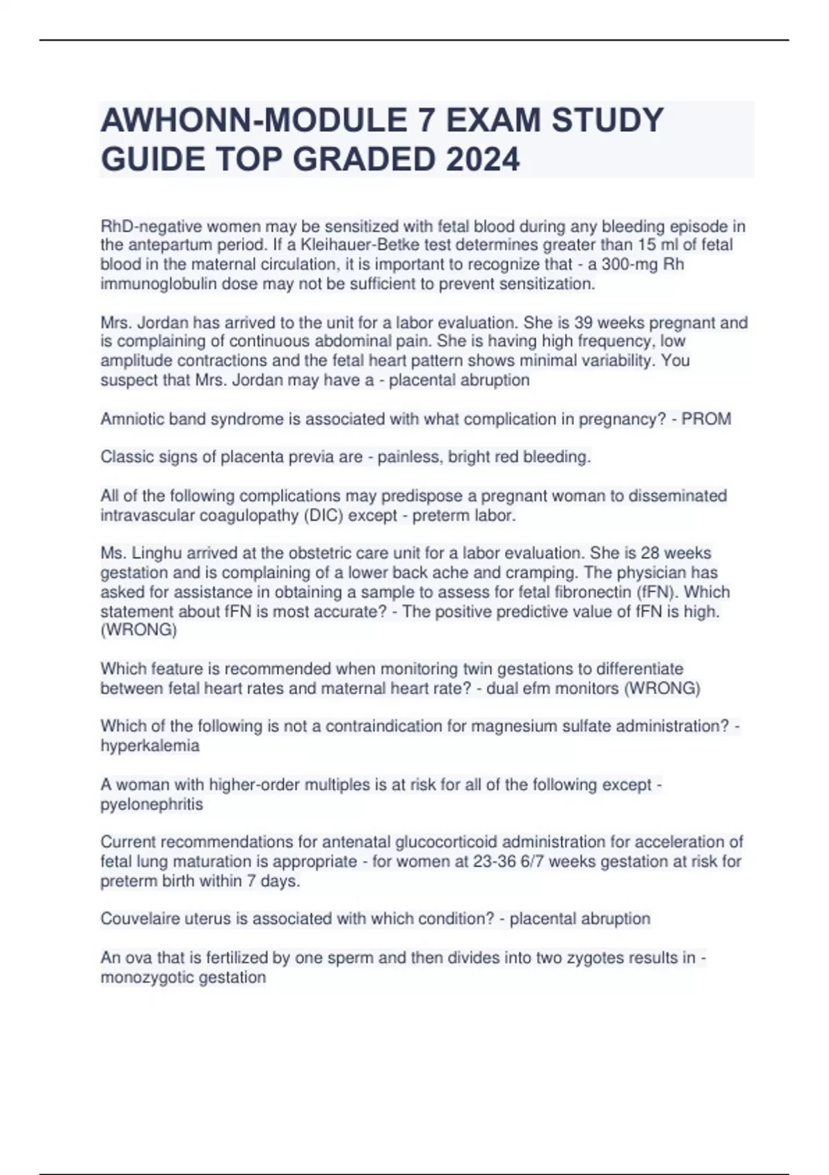 AWHONN-MODULE 7 EXAM STUDY GUIDE TOP GRADED 2024 - AWHONN-MODULE 7 ...