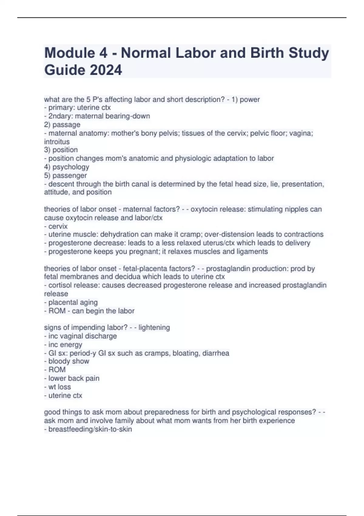 Module 4 - Normal Labor and Birth Study Guide 2024 - Module 4 - Normal ...