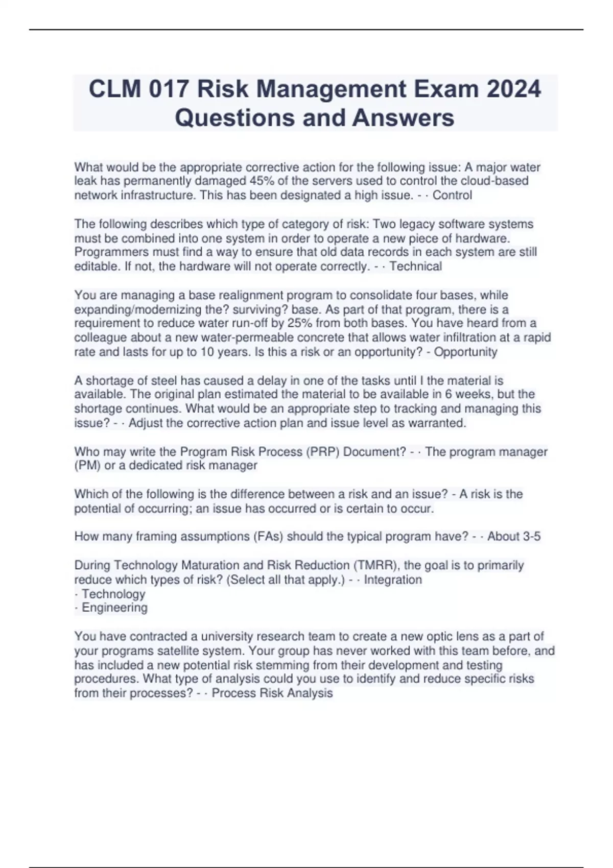 CLM 017 Risk Management Exam 2024 Questions and Answers - CLM 017 Risk ...