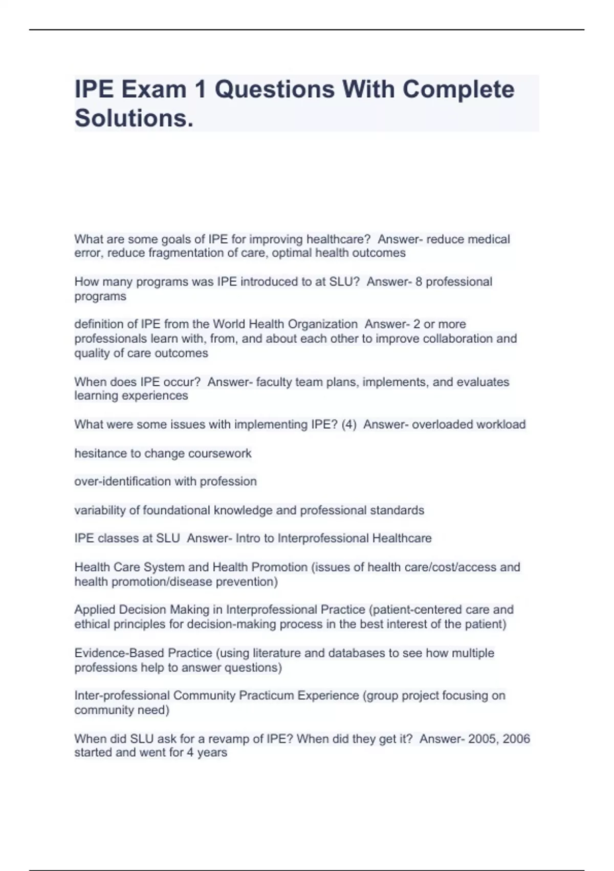 IPE Exam 1 Questions With Complete Solutions. - IPE - Stuvia US