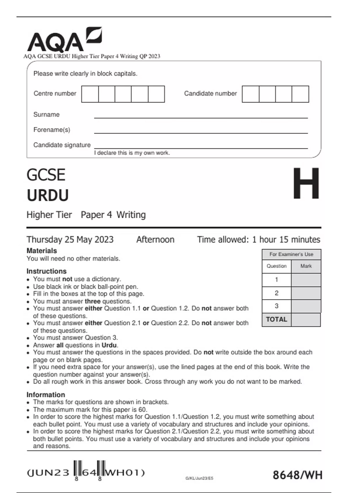 AQA GCSE URDU Higher Tier | Paper 1,2,3 and 4| Qp and MS| 2023 Complete ...