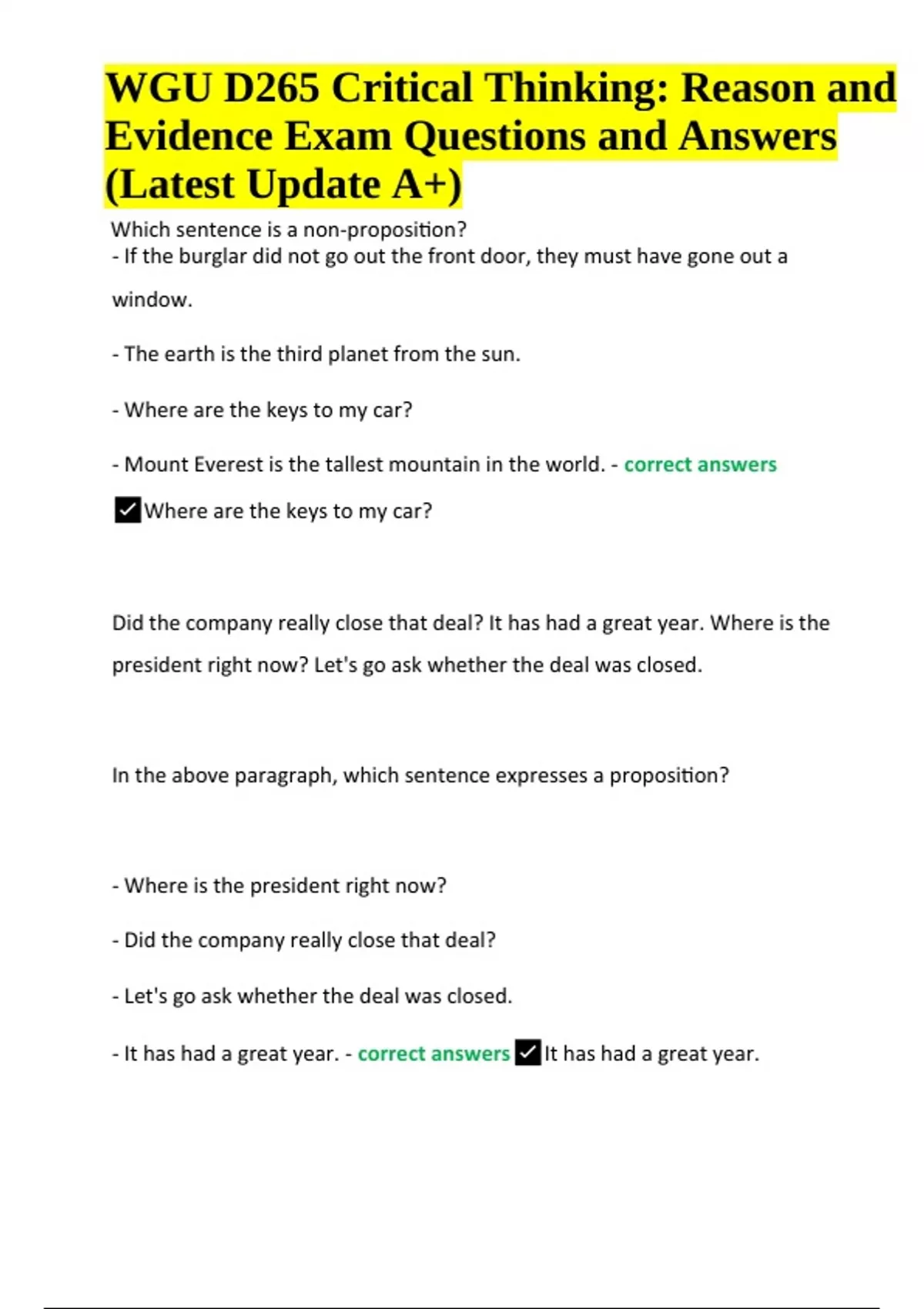 WGU D265 Critical Thinking: Reason and Evidence Exam Questions and ...