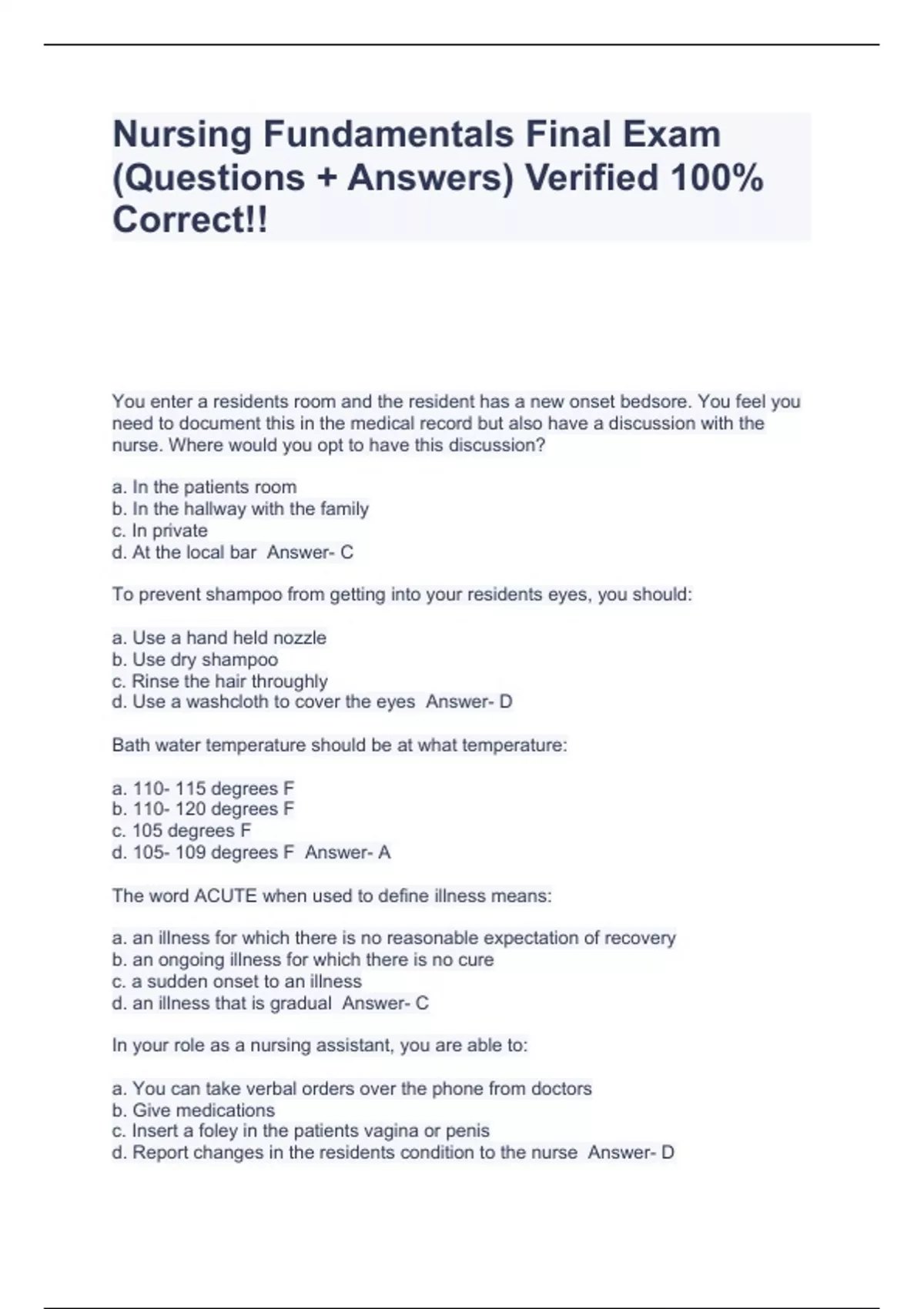 Nursing Fundamentals Final Exam (Questions + Answers) Verified 100% ...
