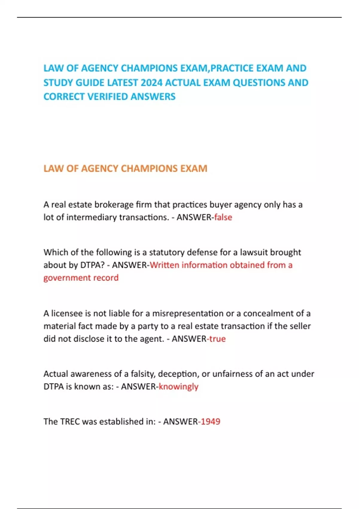 LAW OF AGENCY CHAMPIONS EXAM,PRACTICE EXAM AND STUDY GUIDE LATEST 2024 ...