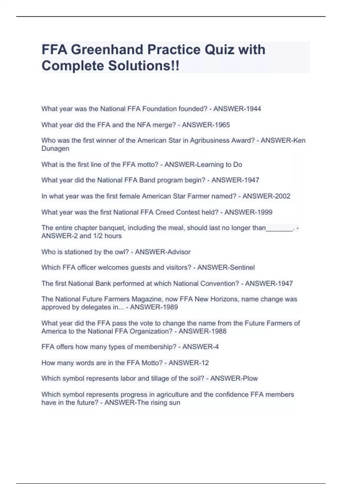 FFA Greenhand Practice Quiz with Complete Solutions!! - FFA Greenhand ...