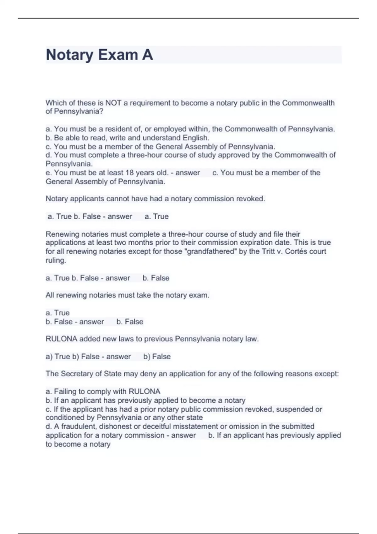 Notary Exam A Questions with solutions 2024 - PA NOTARY - Stuvia US