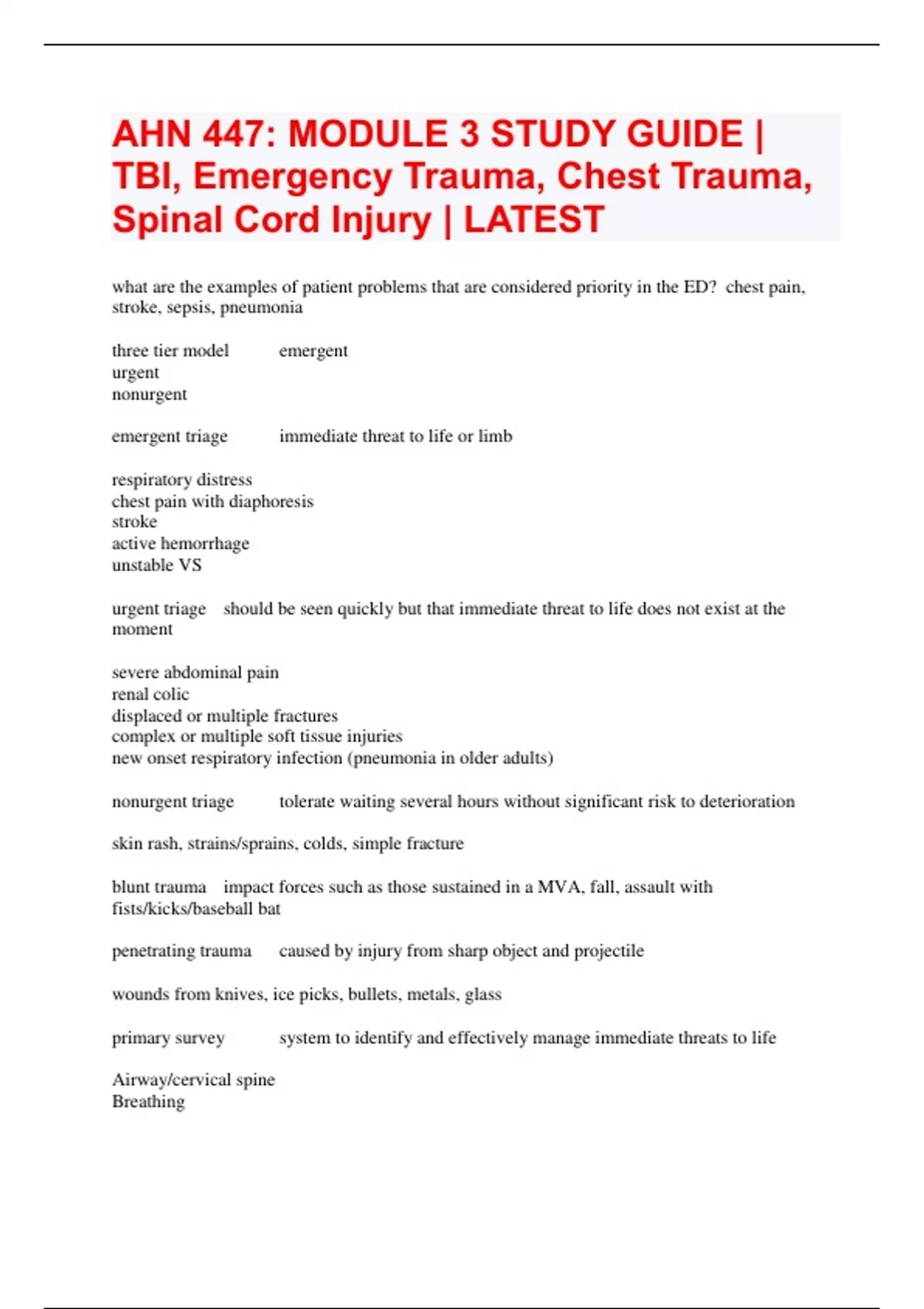 AHN 447: MODULE 3 STUDY GUIDE | TBI, Emergency Trauma, Chest Trauma ...