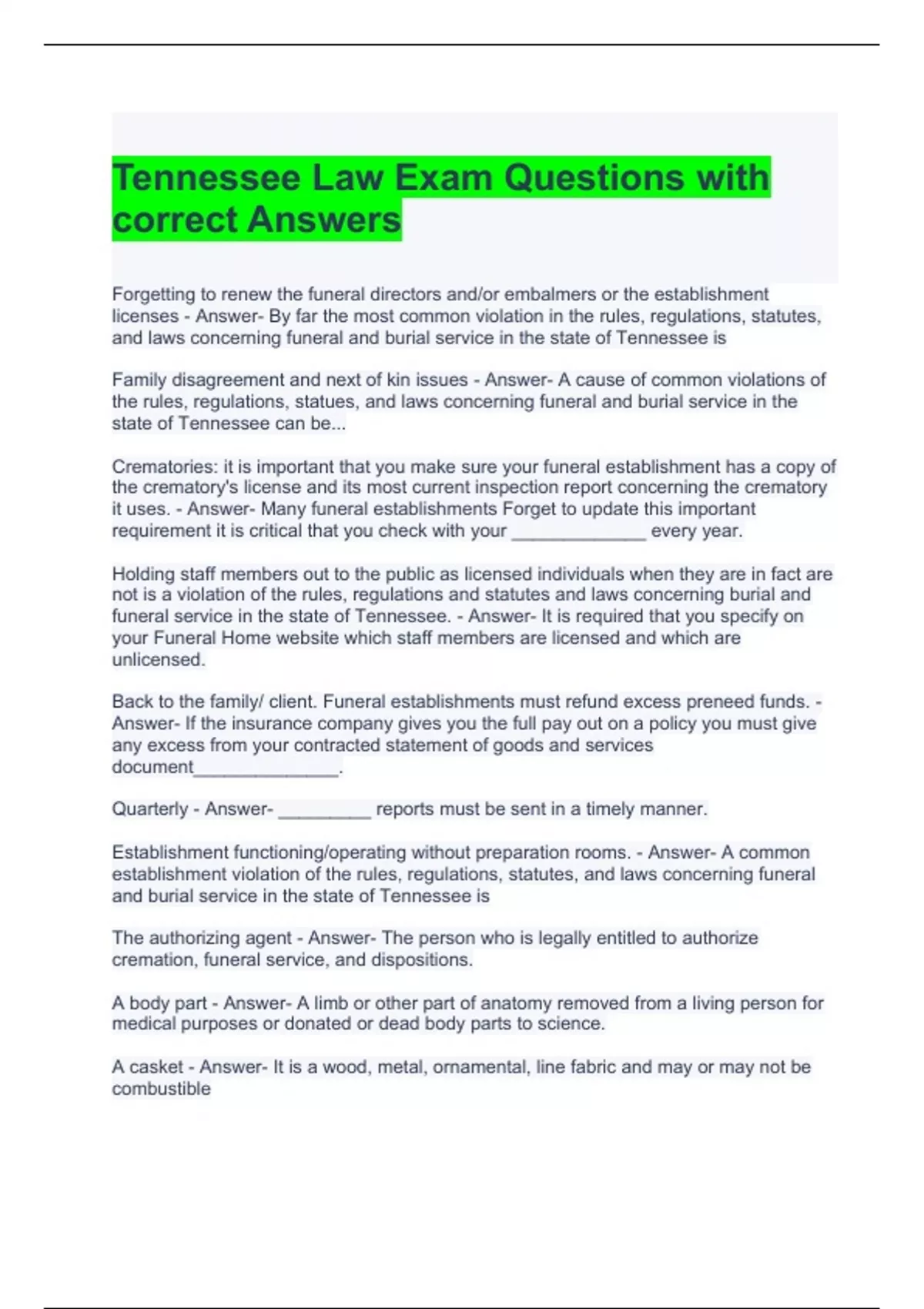 Tennessee Law Exam Questions with correct Answers 2024 - TN LRR - Stuvia US