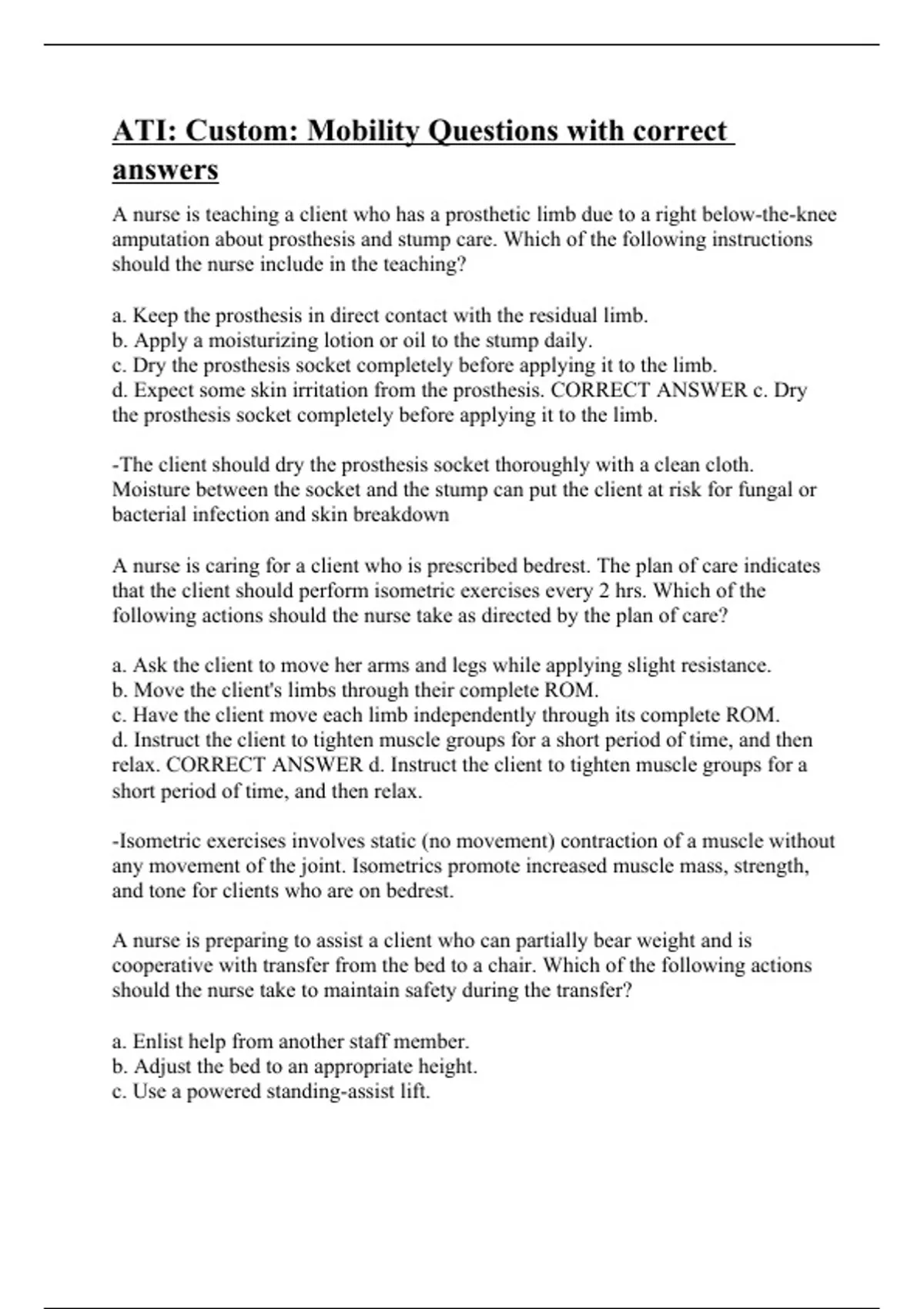 ATI: Custom: Mobility Questions with correct answers - ATI: Custom ...