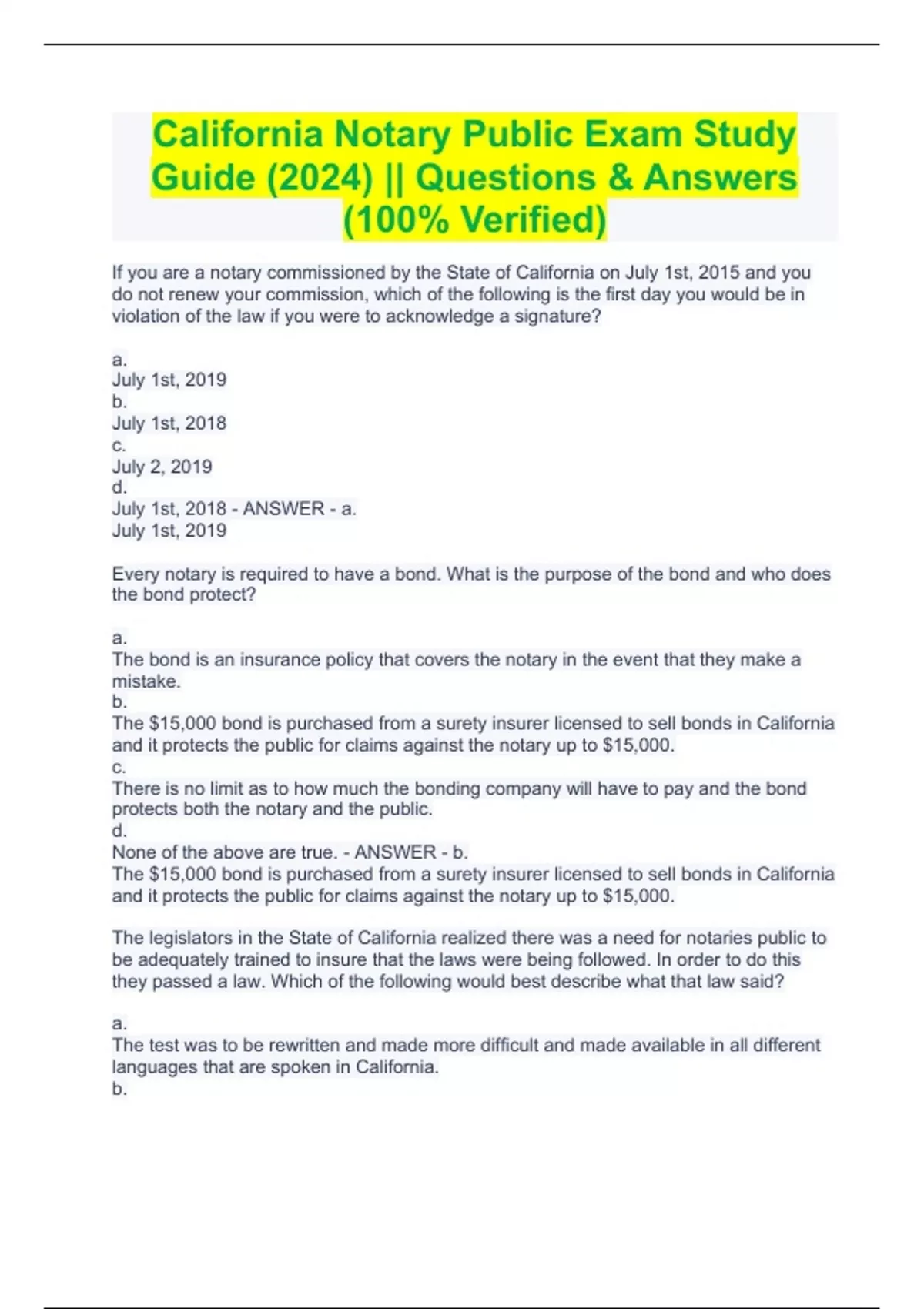 California Notary Public 2024 Licensing Test Bank || With Complete ...