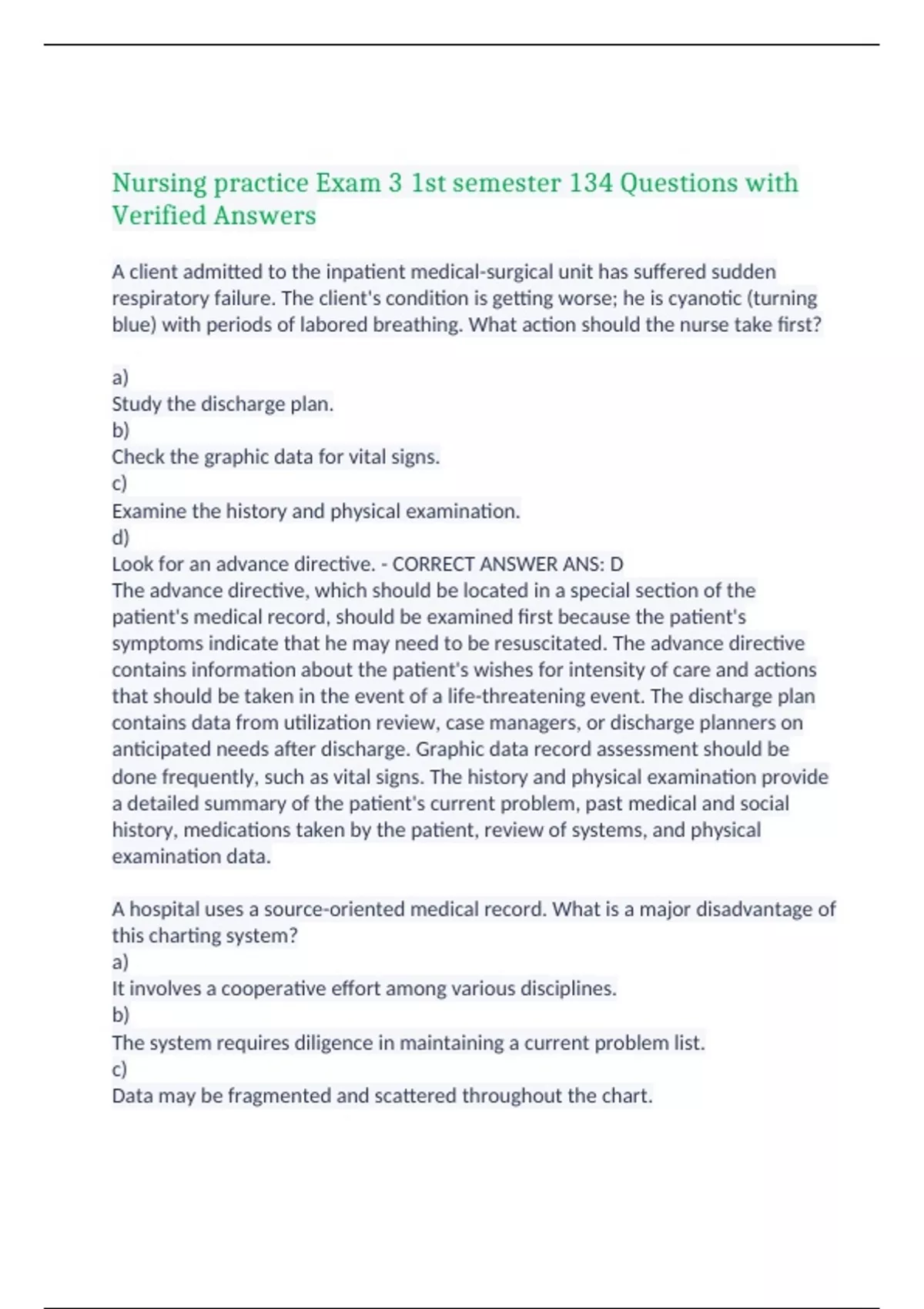 Nursing practice Exam 3 1st semester 134 Questions with Verified ...