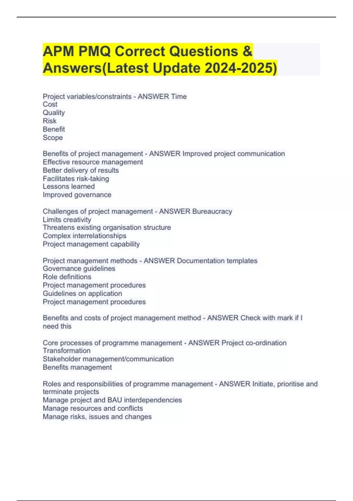 APM PMQ Correct Questions & Answers(Latest Update ) - APM PMQ - Stuvia US