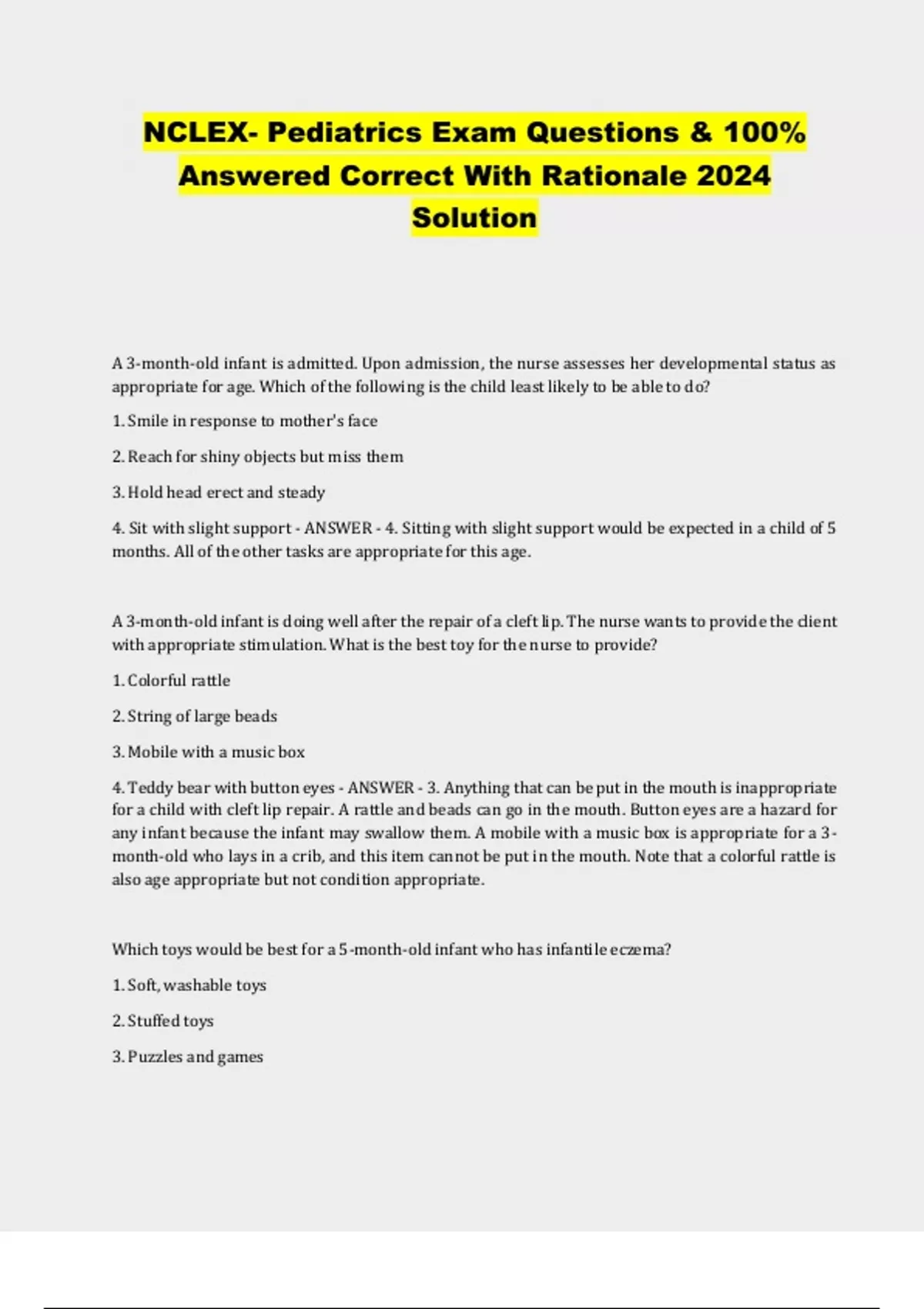NCLEX- Pediatrics Exam Questions & 100% Answered Correct With Rationale ...
