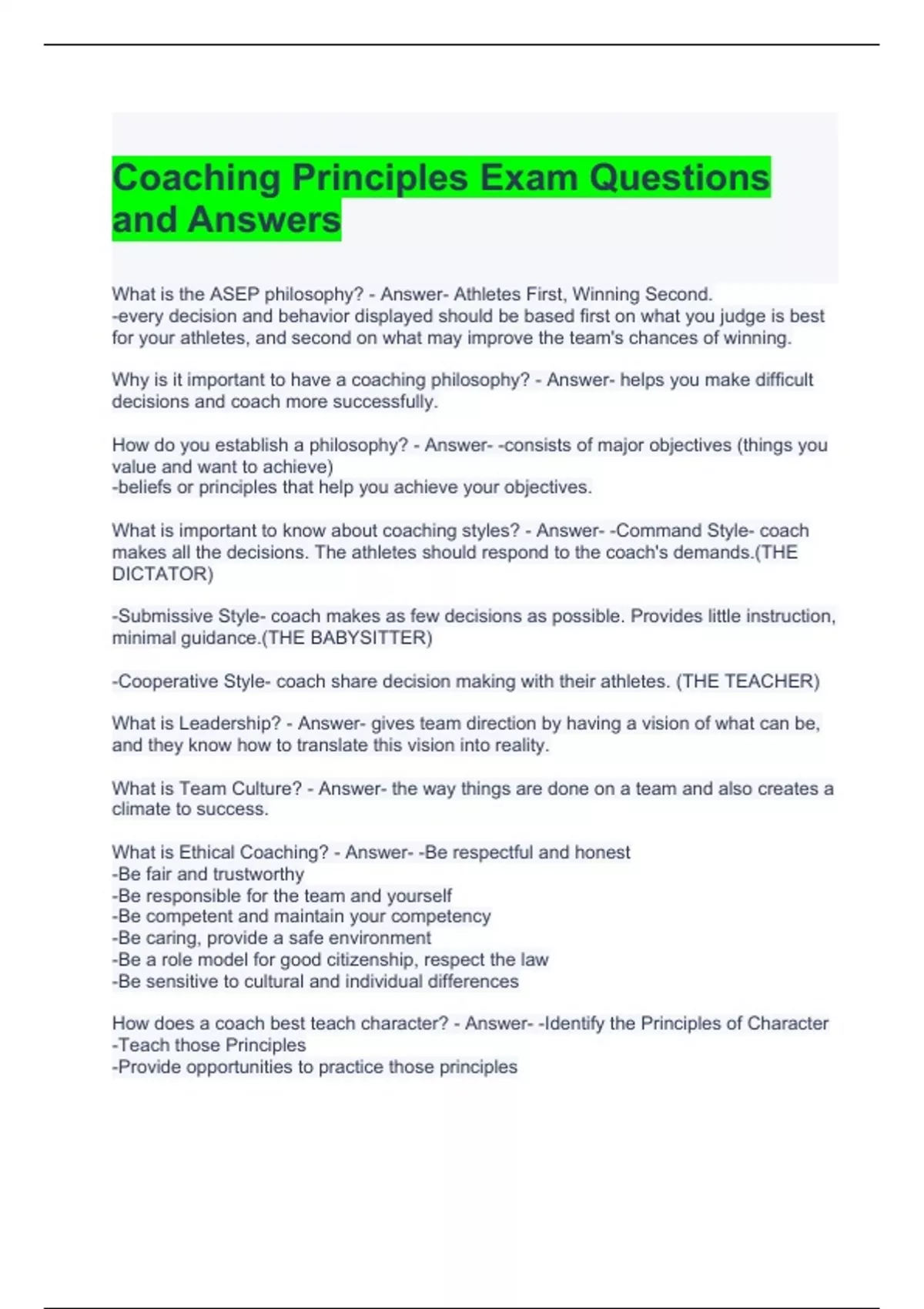 Coaching Principles Exam Questions and Answers - Coaching Principles ...