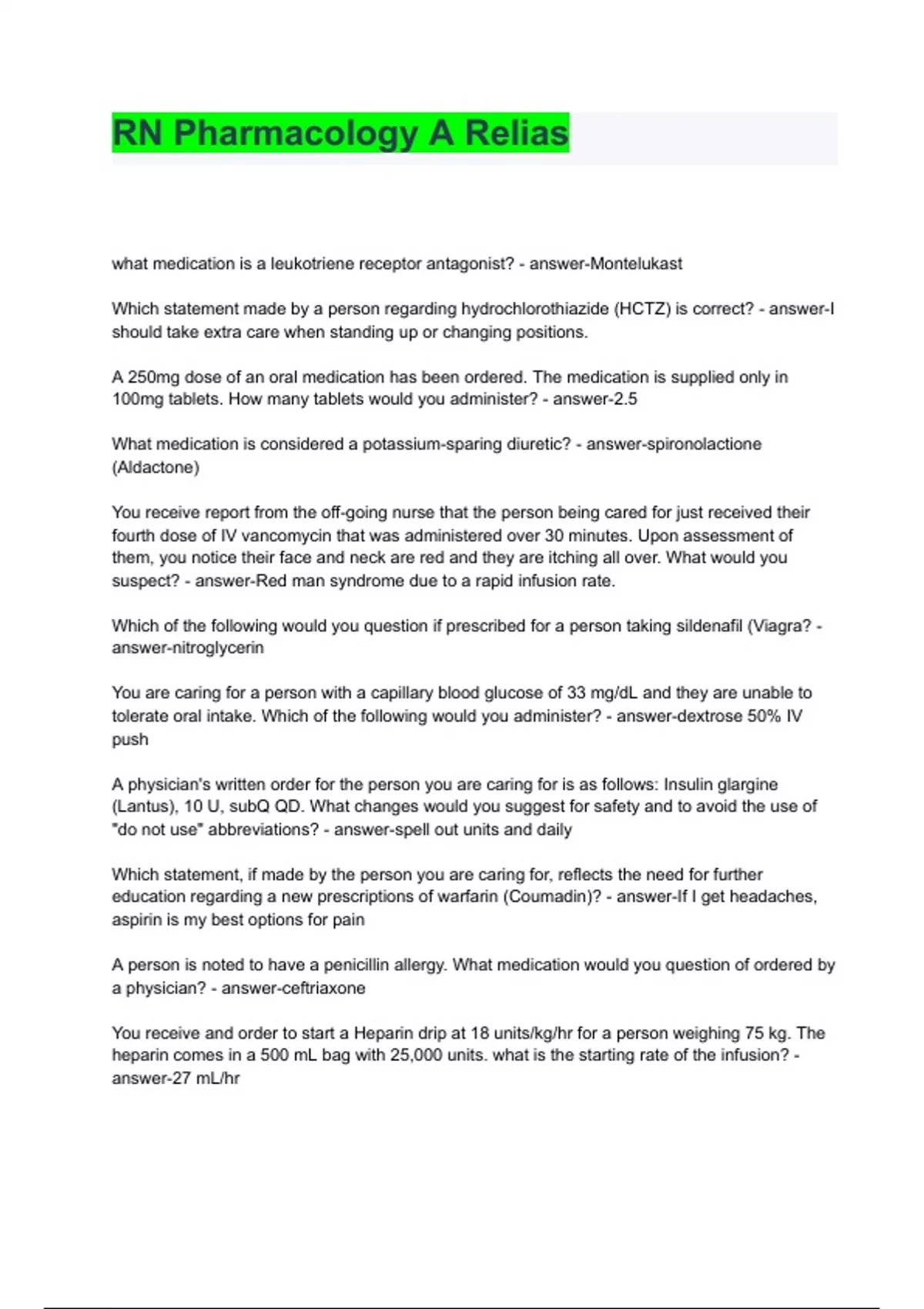 RN Pharmacology A Relias A Solved 100% Correct 2024 (Actual Exam) Score ...