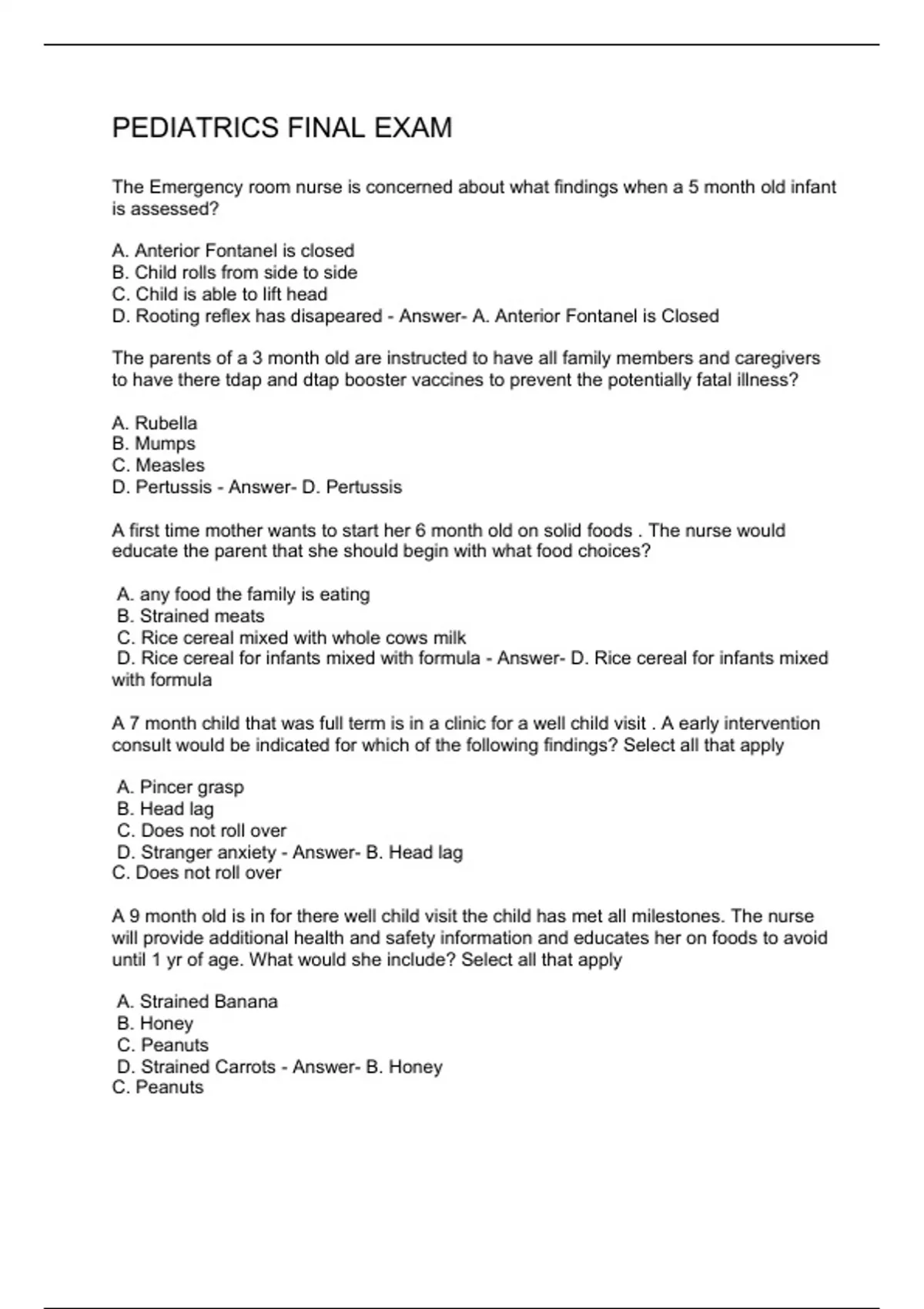 PEDIATRICS FINAL EXAM - PEDIATRICS - Stuvia US