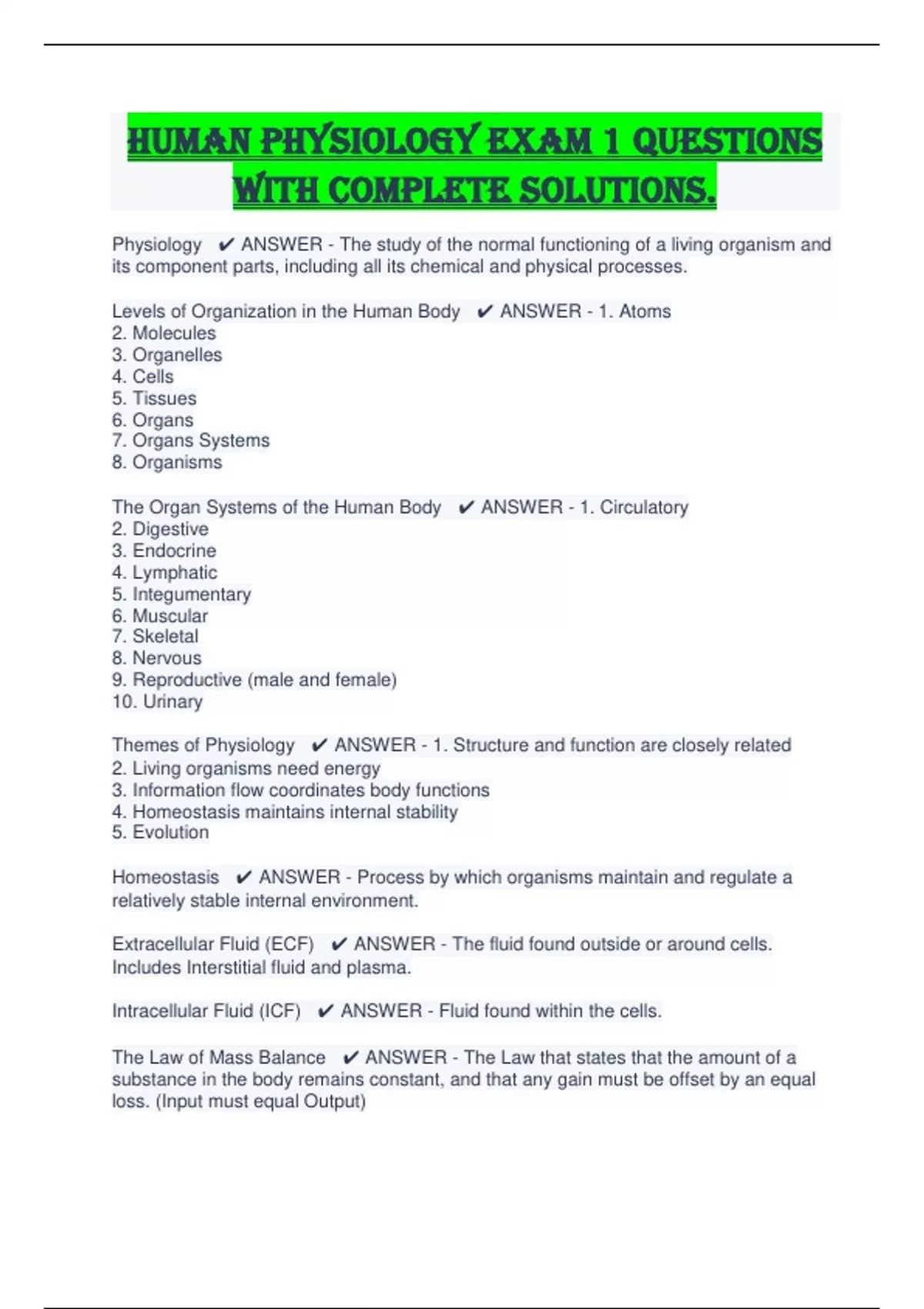 Human Physiology Exam 1 Questions With Complete Solutions. - Human ...