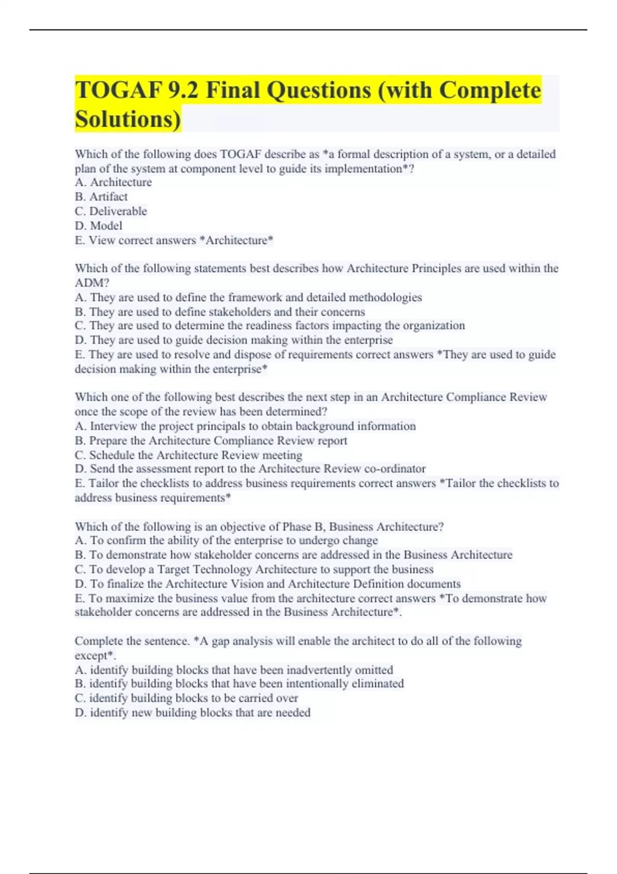 TOGAF 9.2 Final exam Questions (with Complete Solutions) 2024 update - TOGAF - Stuvia US