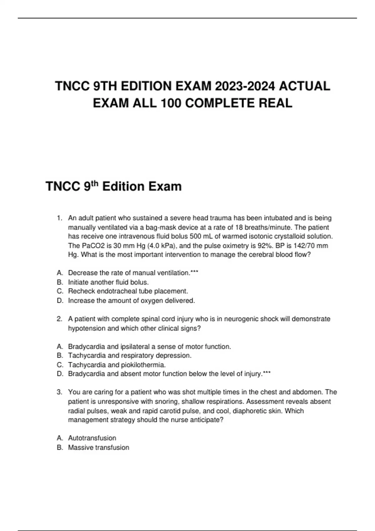 TNCC 9TH EDITION EXAM ACTUAL EXAM ALL 100 COMPLETE REAL - TNCC 9TH ...