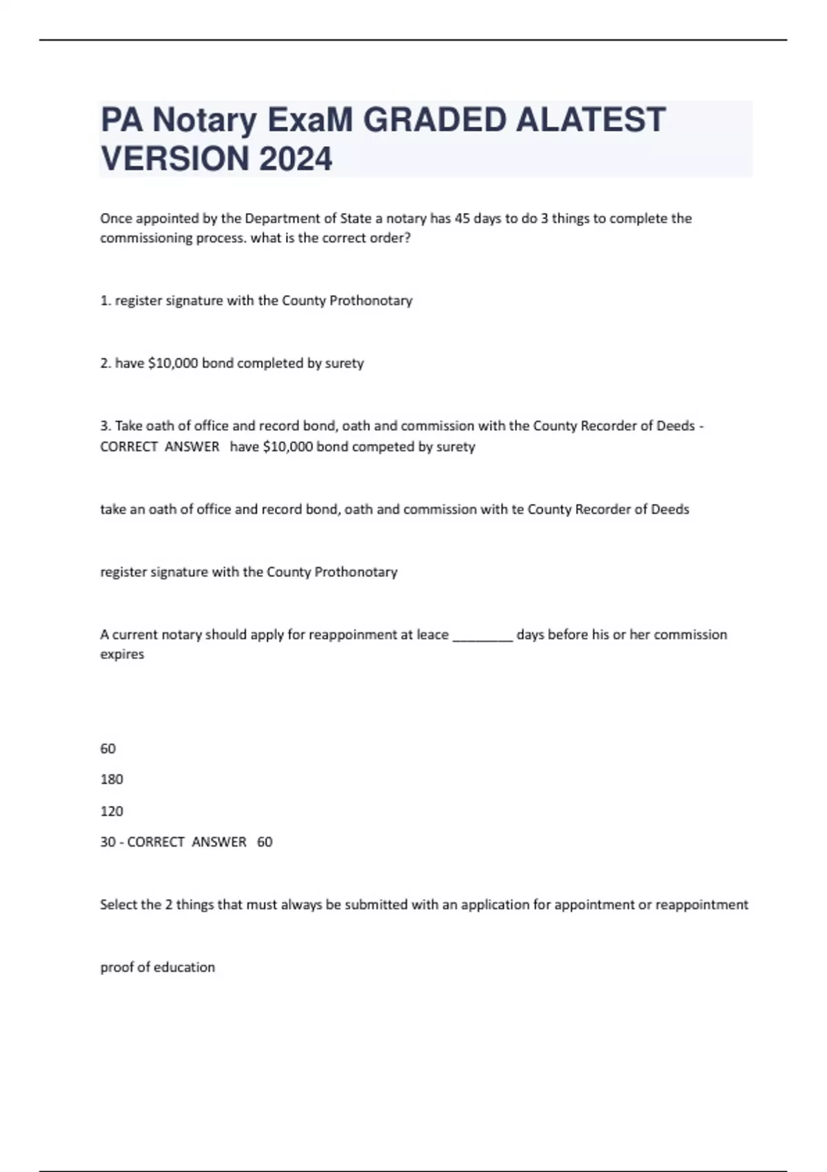 PA Notary ExaM GRADED ALATEST VERSION 2024 - PA Notary - Stuvia US