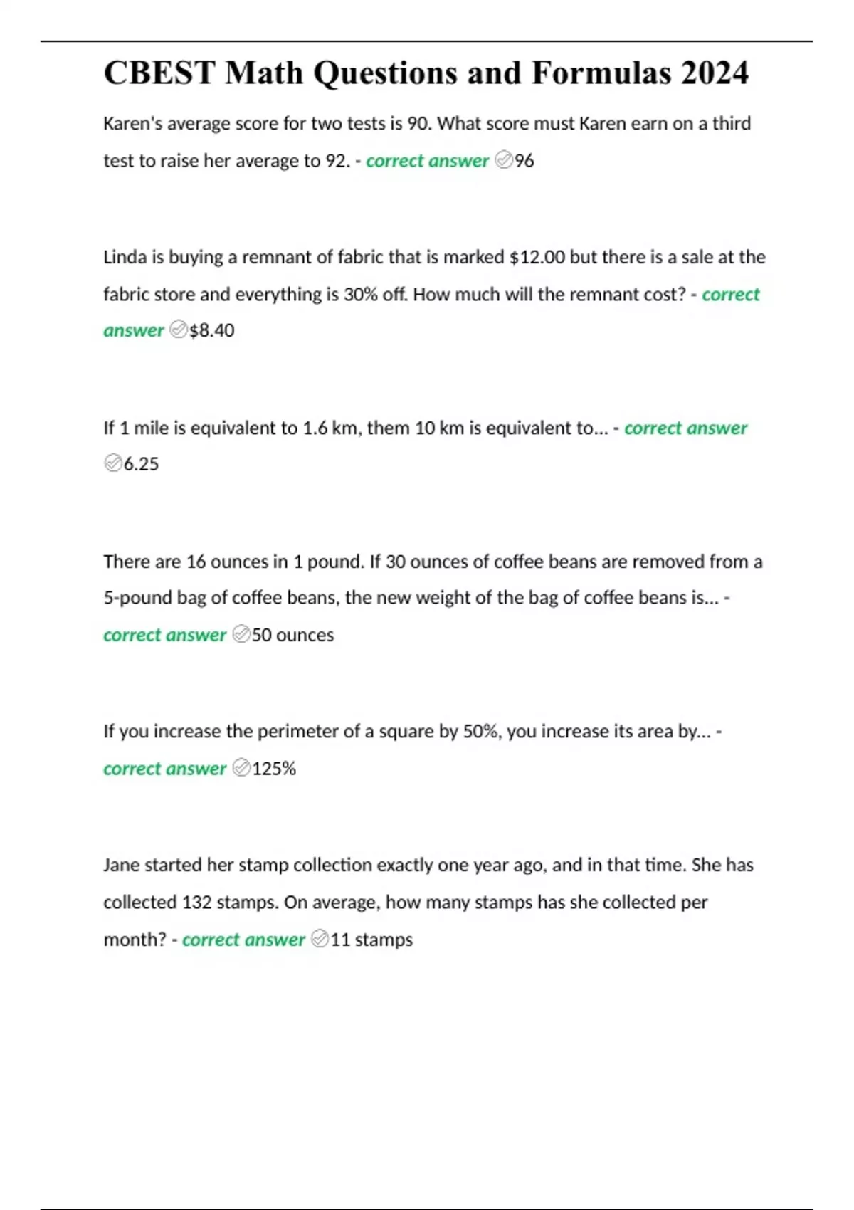 Summary CBEST Math Questions and Formulas 2024 - CBEST Math - Stuvia US