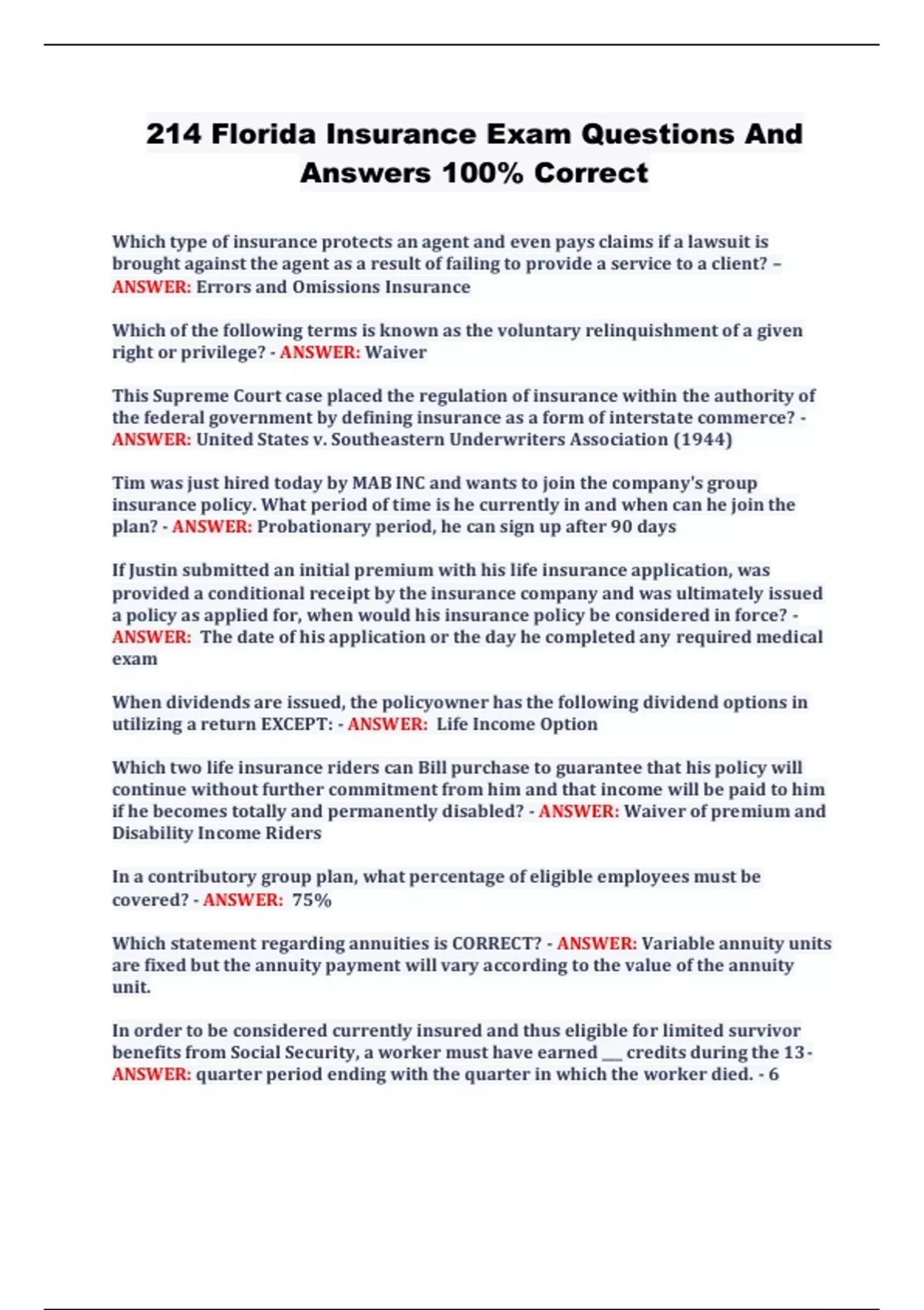 Florida Life And Health Insurance Test Compilation Study Bundle (Graded ...