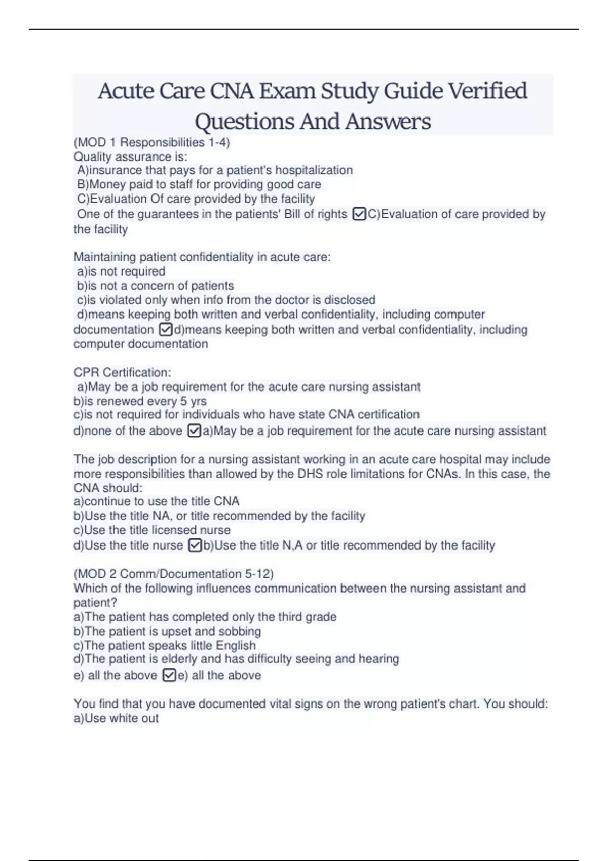 Acute Care CNA Exam Study Guide Verified Questions And Answers - Acute ...