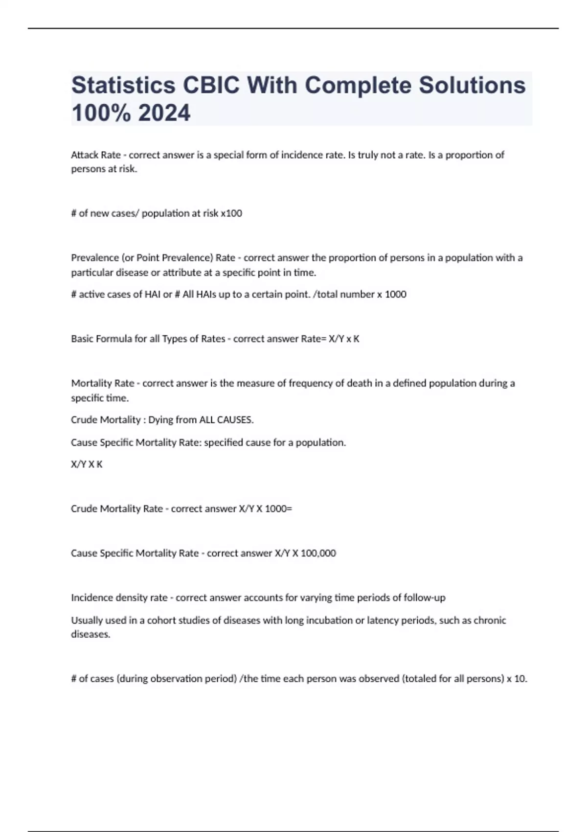 Statistics CBIC With Complete Solutions 100% 2024 - CBIC - Stuvia US