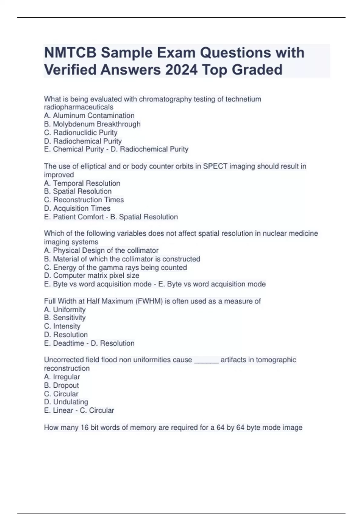 NMTCB Sample Exam Questions with Verified Answers 2024 Top Graded ...