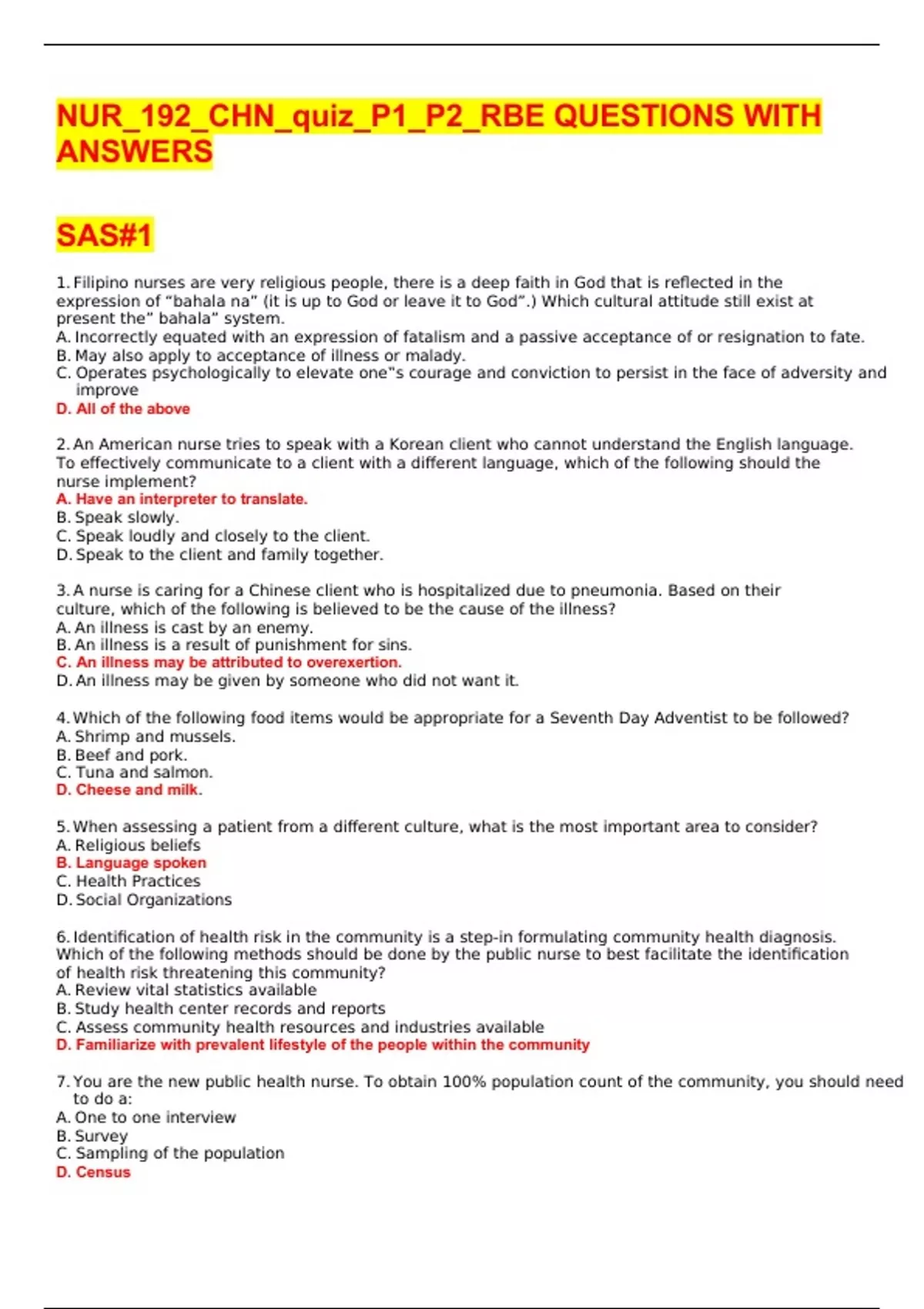 NUR_192_CHN_quiz_P1_P2_RBE QUESTIONS WITH ANSWERS - NUR_192_CHWERS - Stuvia US
