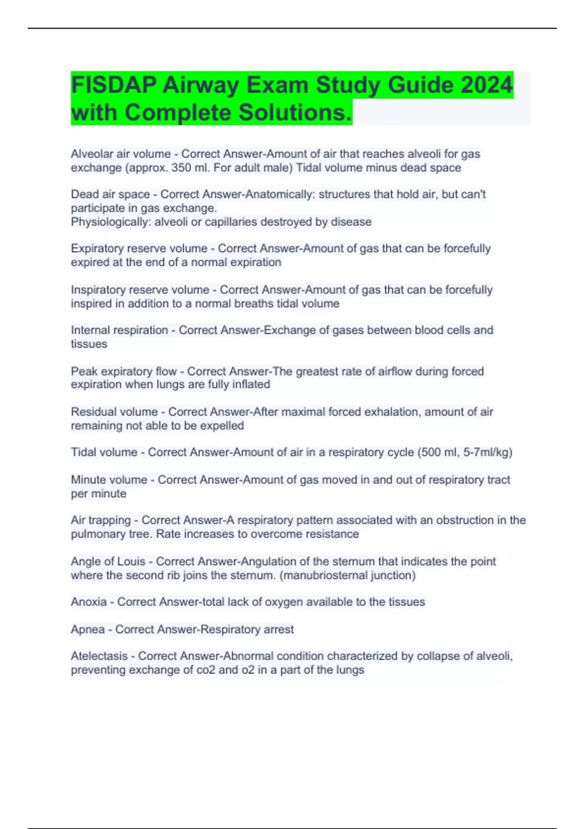 FISDAP Airway Exam Study Guide 2024 with Complete Solutions. - FISDAP ...