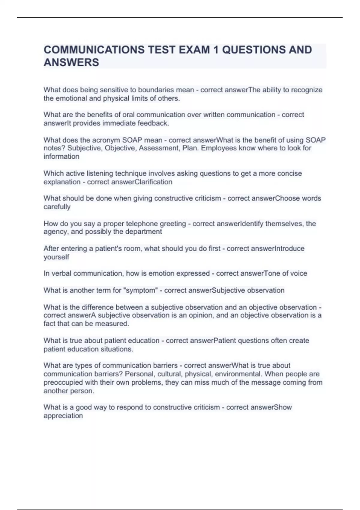 COMMUNICATIONS TEST EXAM 1 QUESTIONS AND ANSWERS - AES Communication ...